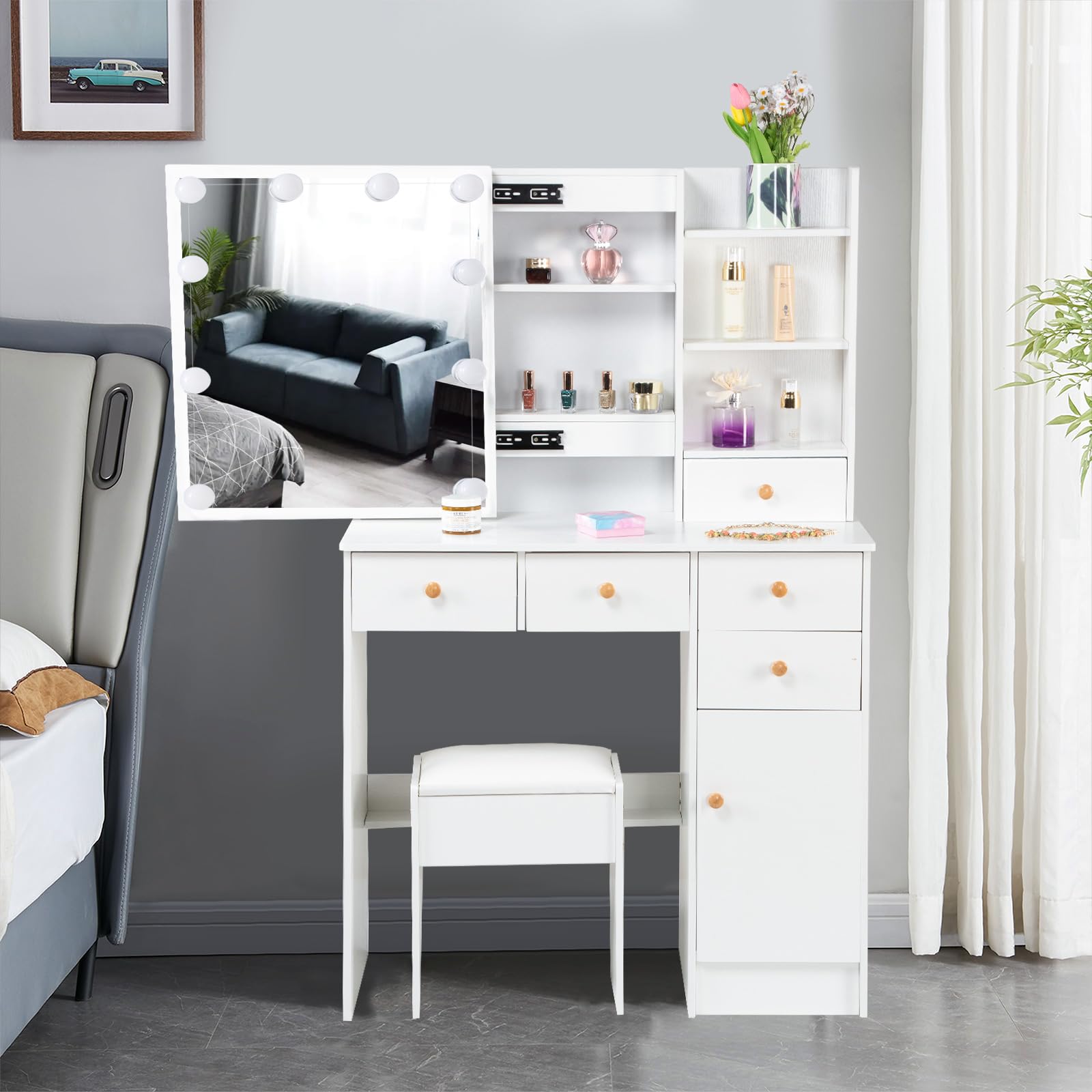Logimiz Vanity Desk with Mirror and Lights-3 Colors and Brightness Adjustable, Girls Makeup Vanity with Hiding Shelves, White Vanity Set with Cabinets, Drawers and Cushioned Stool