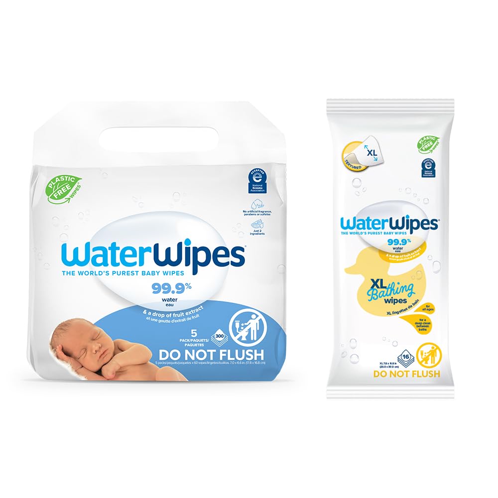 WaterWipes Bundle, Original 300 Count (5 packs) & XL Bathing Wipes 16 Count (1 pack), Plastic-Free, 99.9% Water Based Wipes, Unscented, Hypoallergenic for Sensitive Skin, Packaging May Vary