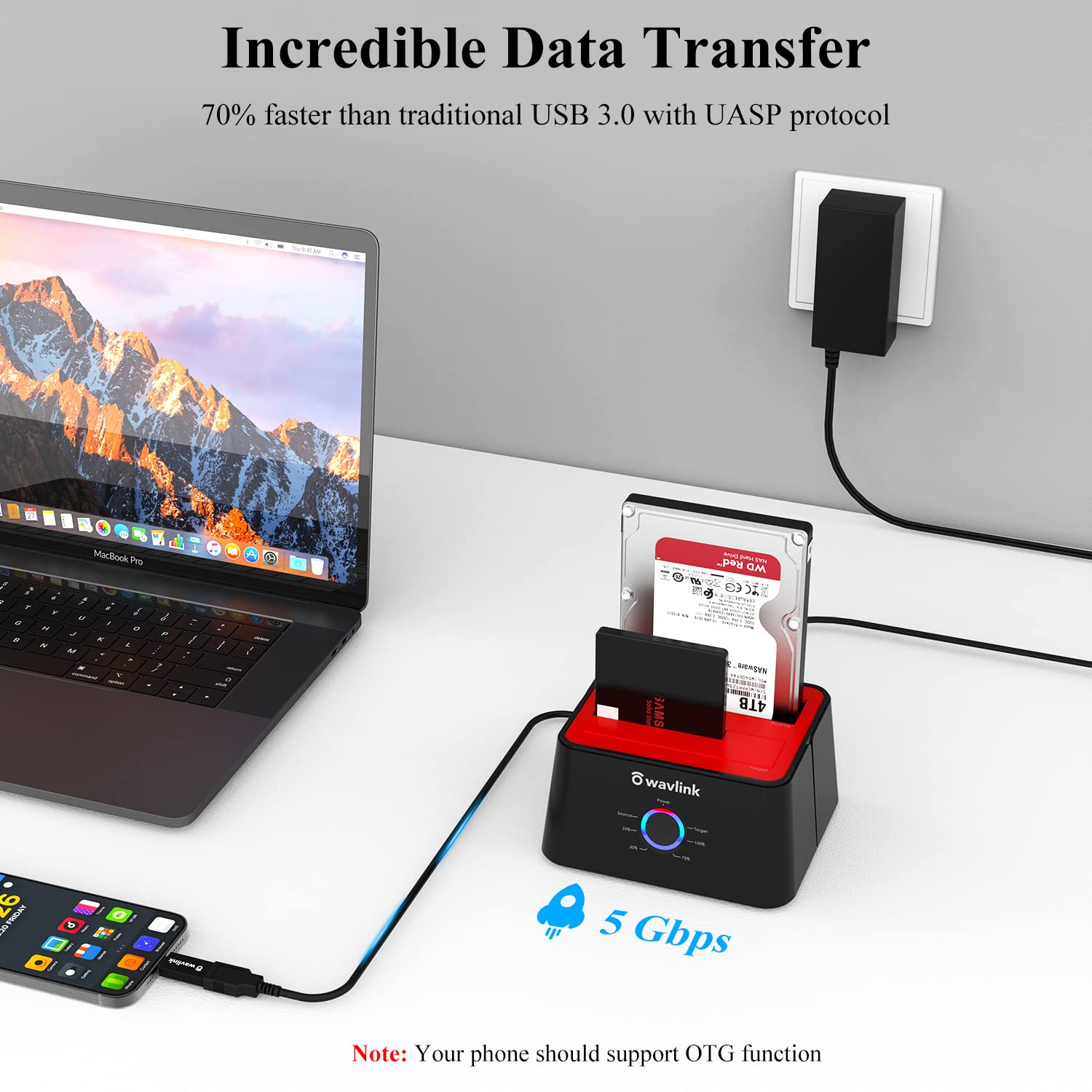 WAVLINK USB 3.0 to SATA External Hard Drive Docking Station,USB C Hard Drive Duplicator for Dual 2.5/3.5 Inch SSD HDD SATA Ⅱ/Ⅲ Support Tool-Free& 2×16TB &UASP with Offline Clone,Inculde Power Adapter