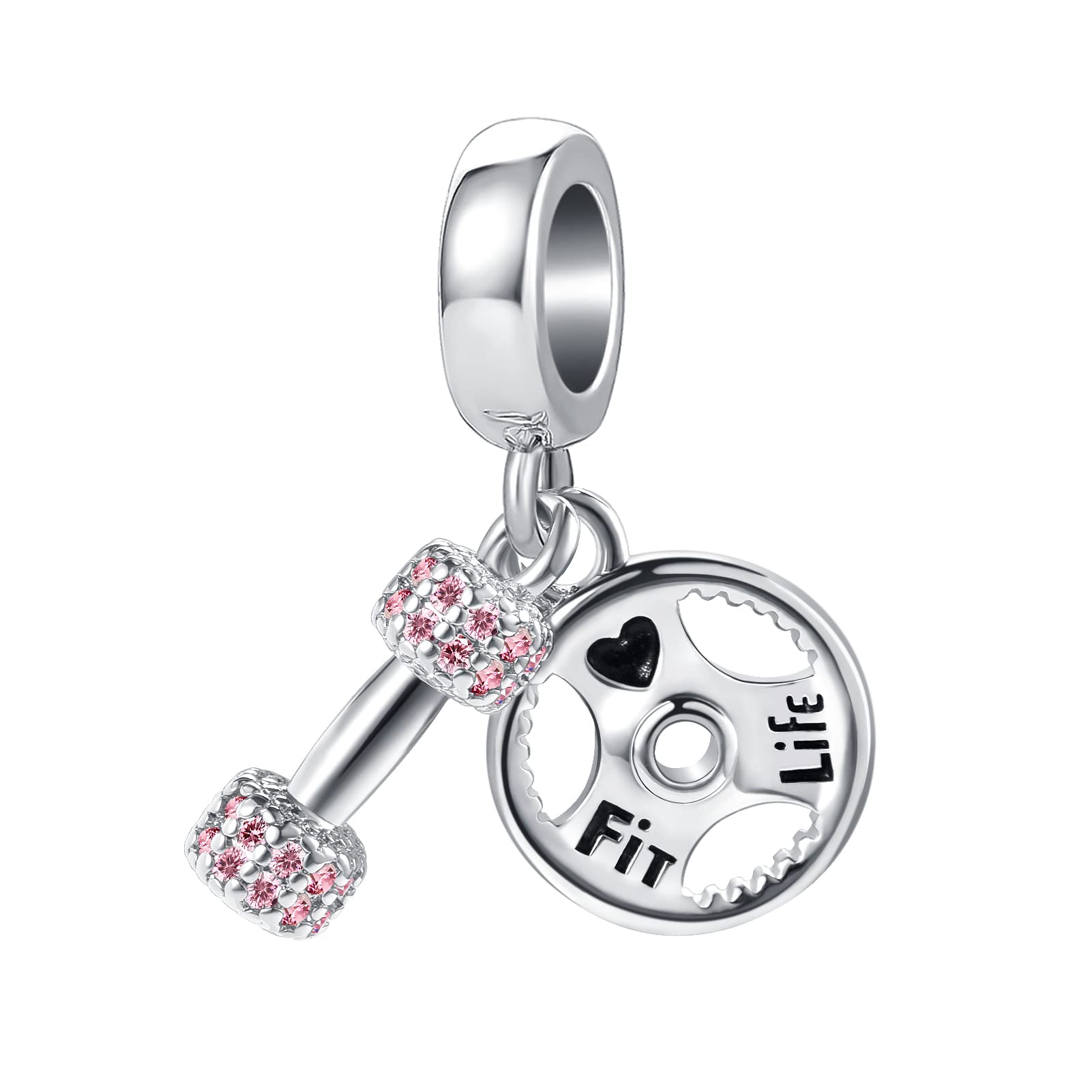 QeenseKc Dumbbell Barllbell Gym Workout Pendant Charm Sports Barbell CZ Bead for Pandora Bracelet Pink Aut-176_Dumbbell_10 0
