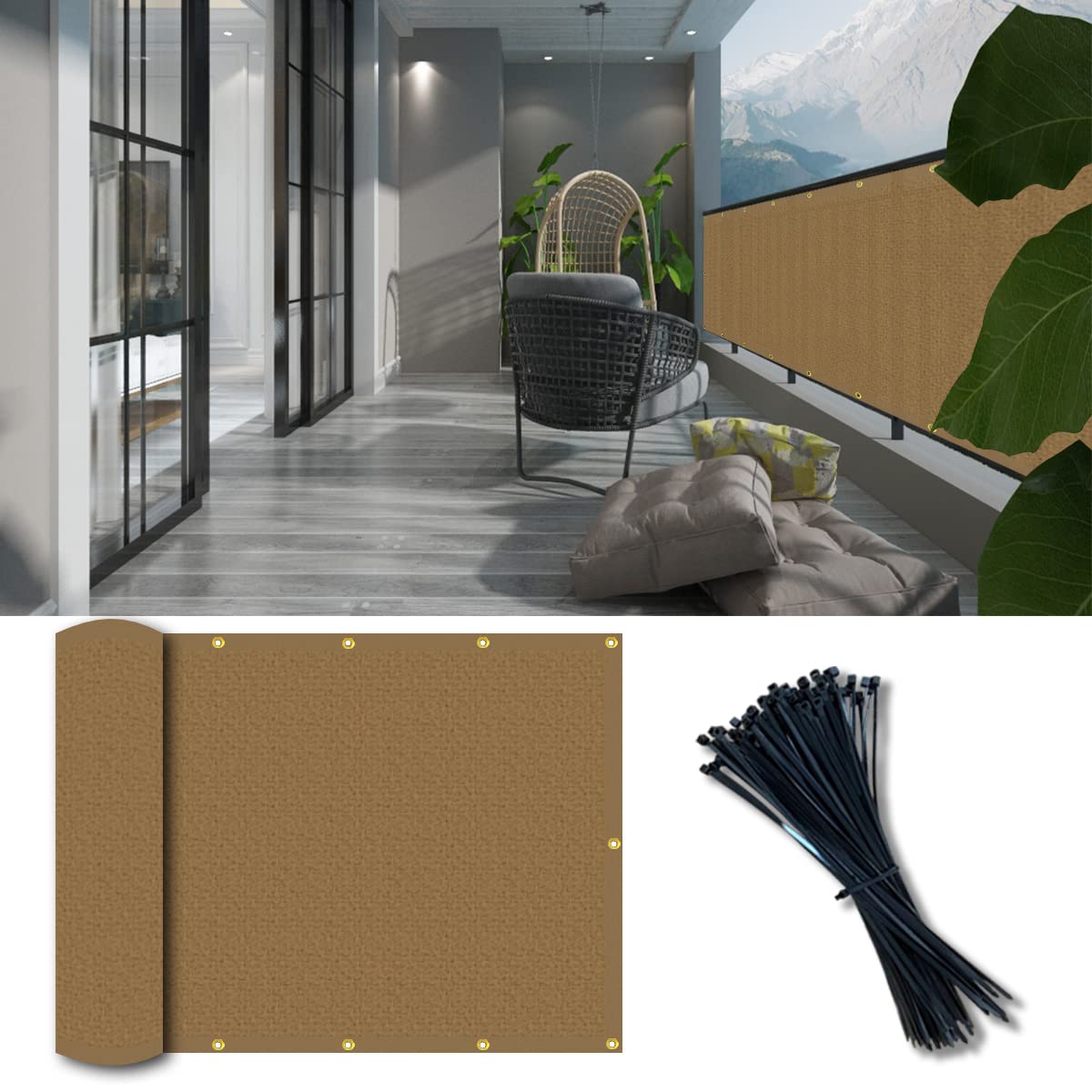 Vocray 3' x 16' Red Brown Balcony Privacy Screen Fence Cover UV Resistant Protection Heavy Duty for Deck, Patio, Backyard, Railing Shield, Cable Ties Included, 90%