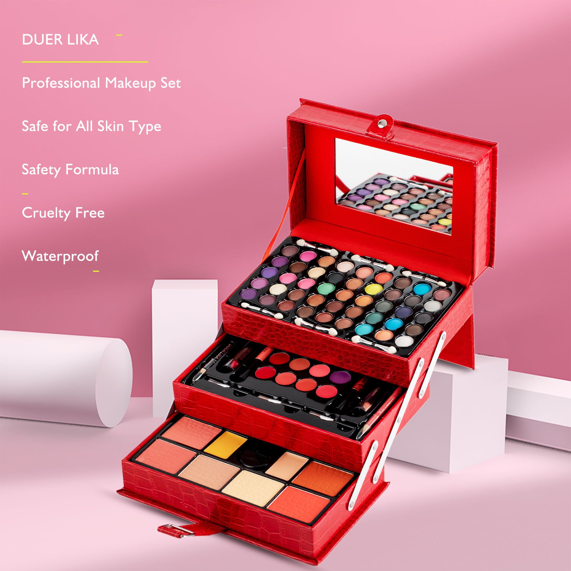 Maùve Professional Leather Train Case with Mirror Makeup Kit (Eyeshadow, Blushes, Powder, Lipstick & More) Holiday Exclusive MU12 (RED)