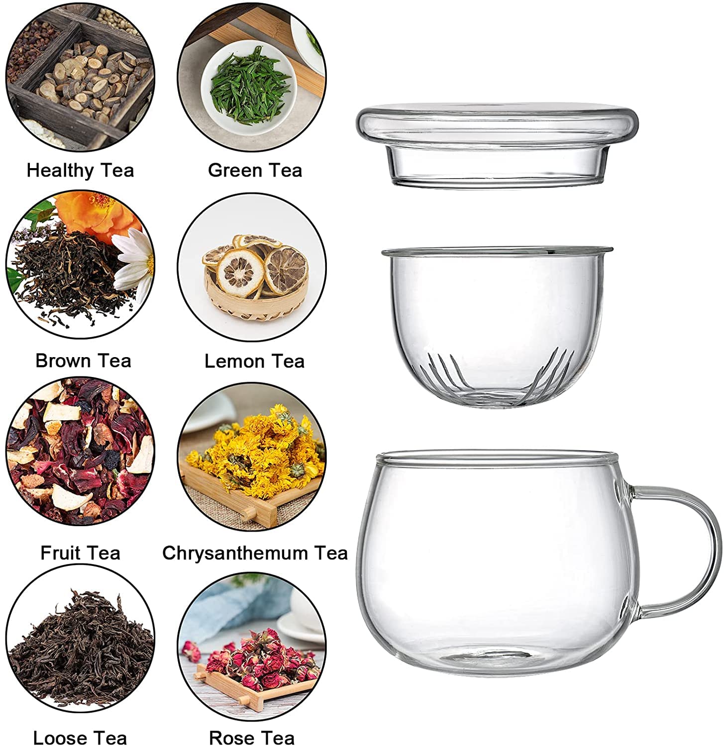 Set of 2 Glass Tea Cups Tea Mug with Infuser and Lid - Heat Resistant Borosilicate Glass, Clear Teacup with Strainer for Loose Leaf Tea, Blooming Tea, and Tea Bags - Ideal for Tea Lovers