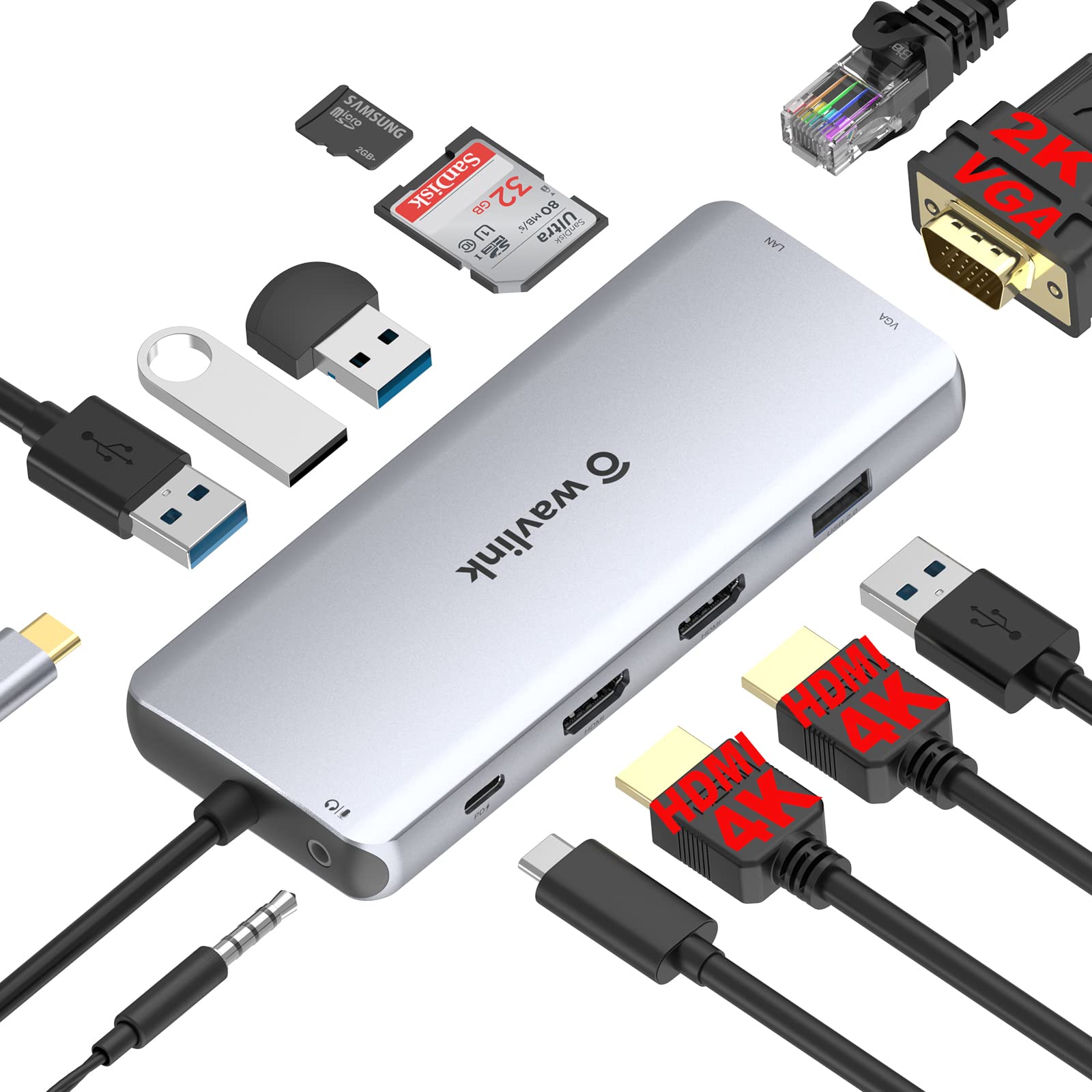 WAVLINK USB C Hub/Docking Station,13-in-1 Triple Display Type-C Adapter(2HDMI,2K VGA,Ethernet,USB 3.0/2.0,SD/TF Card Reader,Audio,89W PD3.0) for MacBook Pro,Dell XPS 13/15,HP,Lenovo Yoga