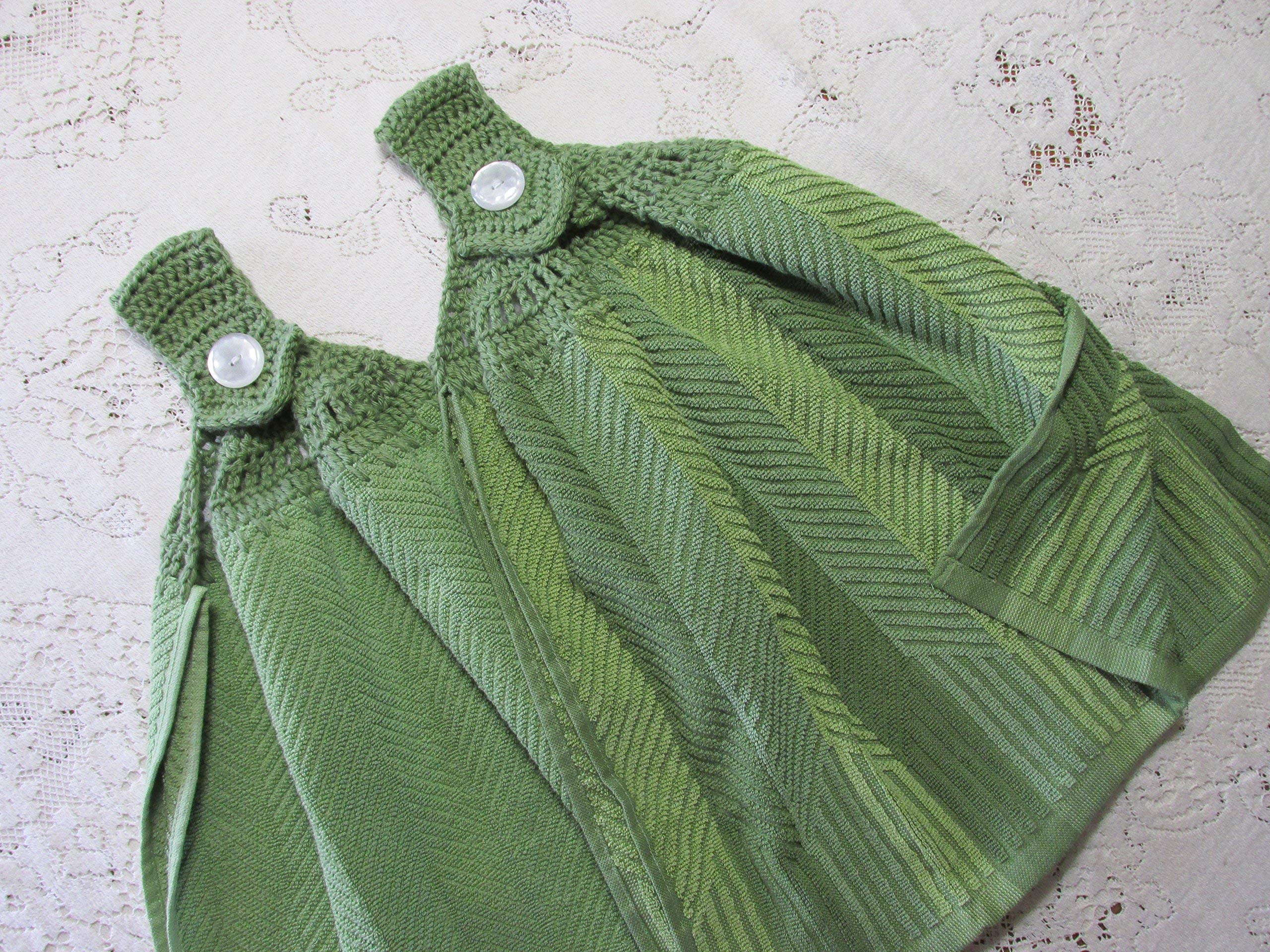 Set of 2 Green Doubled Chevron Design Hanging Kitchen Towels with Green Cotton Crochet Top - Best Quality