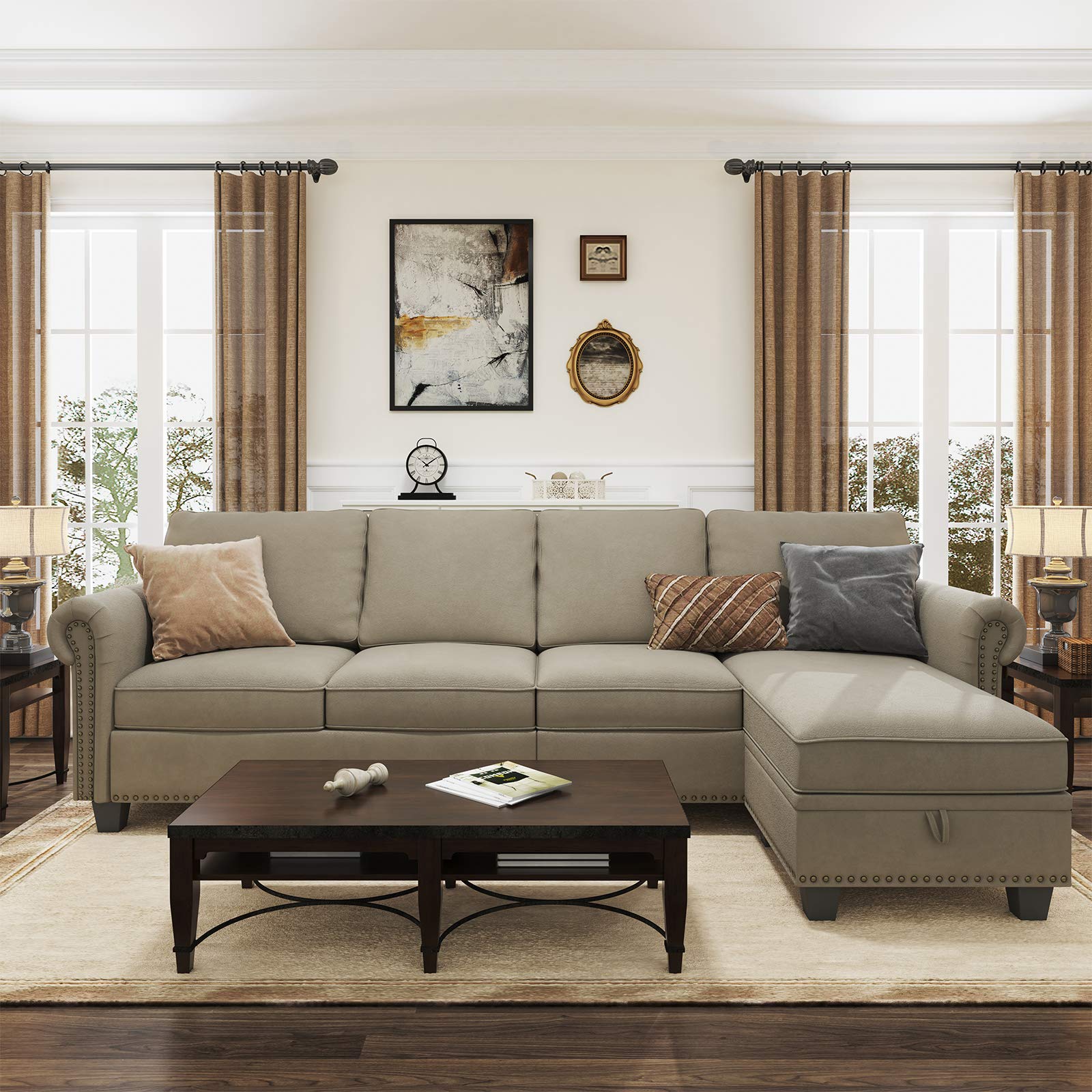 Nolany Convertible Sectional Sofa Couch, L Shaped Sectional Sofa, Reversible Sectional Couch for Small Apartment, Dark Khaki