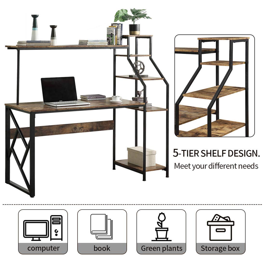 NICESOUL L-59'' Home Office Computer Desk with Hutch and Shelf Computer Table Metal Frame Dark Walnut Wooden Desktop New Modern Design (59''L- Black Walnut)…