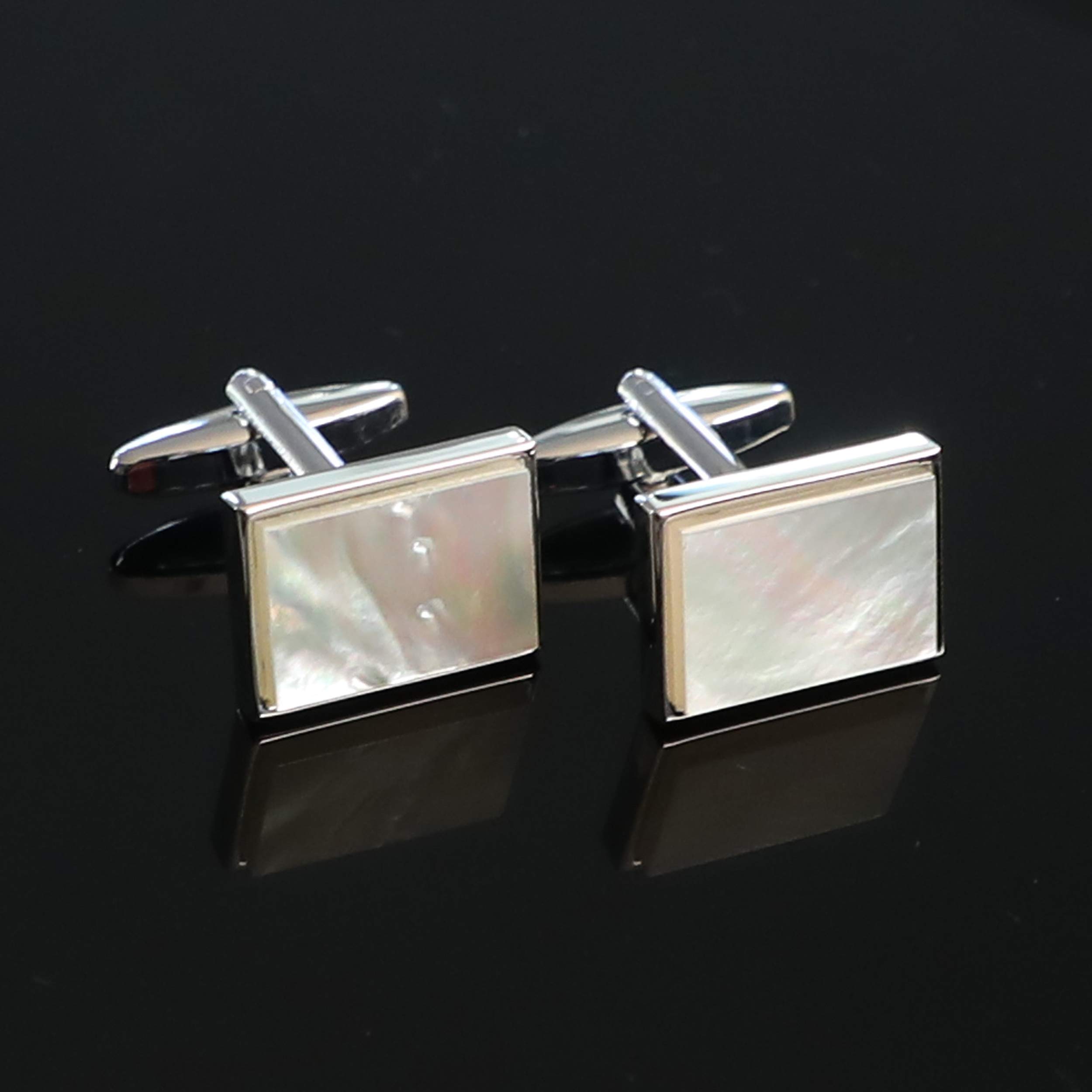 MENDEPOT Mother Of Pearl Cufflinks With Box Men Classic White Stone Cuff Links Wedding Groom Gift (Rectangle)