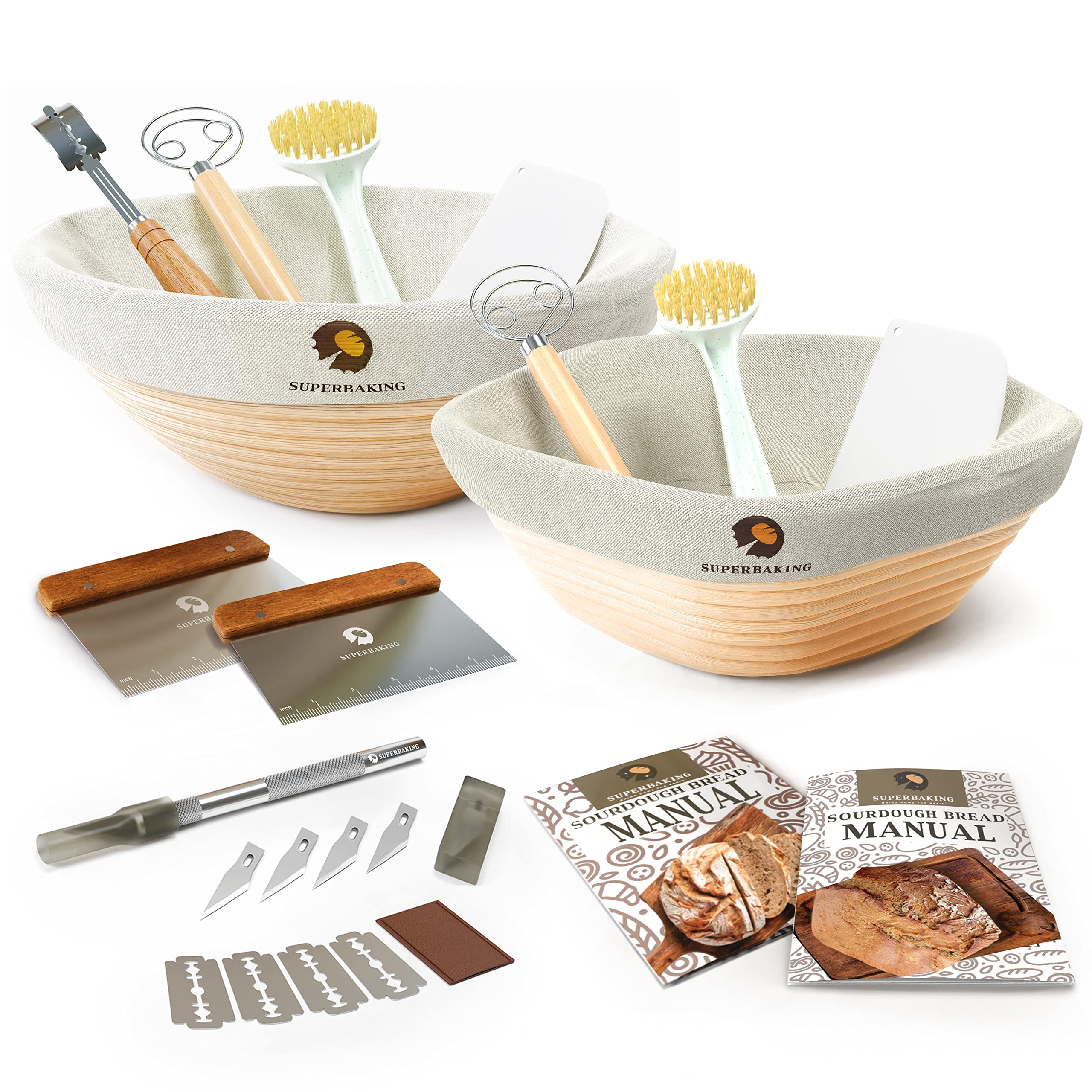 Superbaking Banneton Bread Proofing Basket Set, Round 9" and Pentagon 9"