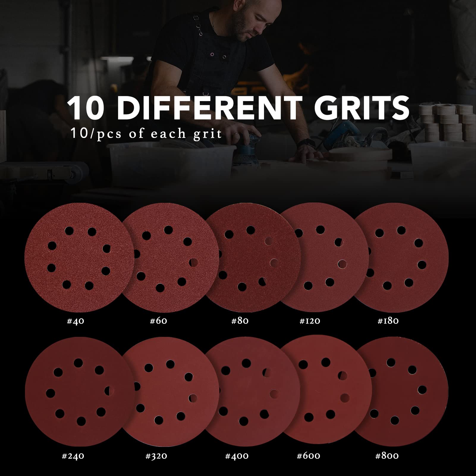 Sanding Discs, 100PCS Orbital Sander Sandpaper 40 60 80 120 180 240 320 400 600 800 Grit Assorted Hook and Loop Sanding Pads for Random Orbital Sander