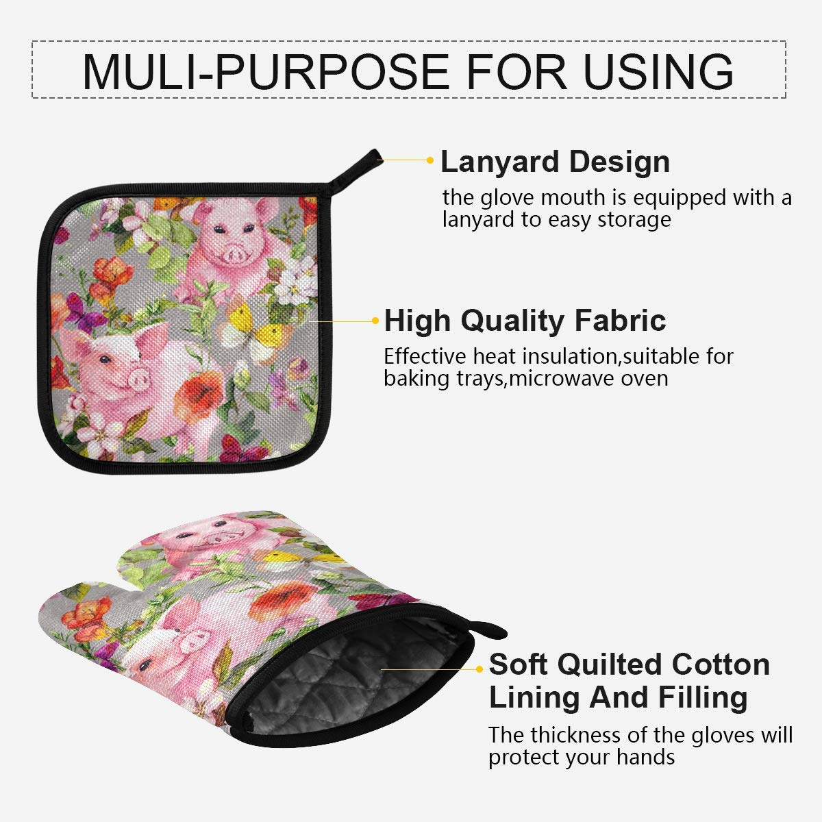 Pot Holders Oven Mitts Sets - Pigs Summer Flowers Butterflies Hot Gloves Hot Pads Non-Slip Potholders for Kitchen Cooking Grilling