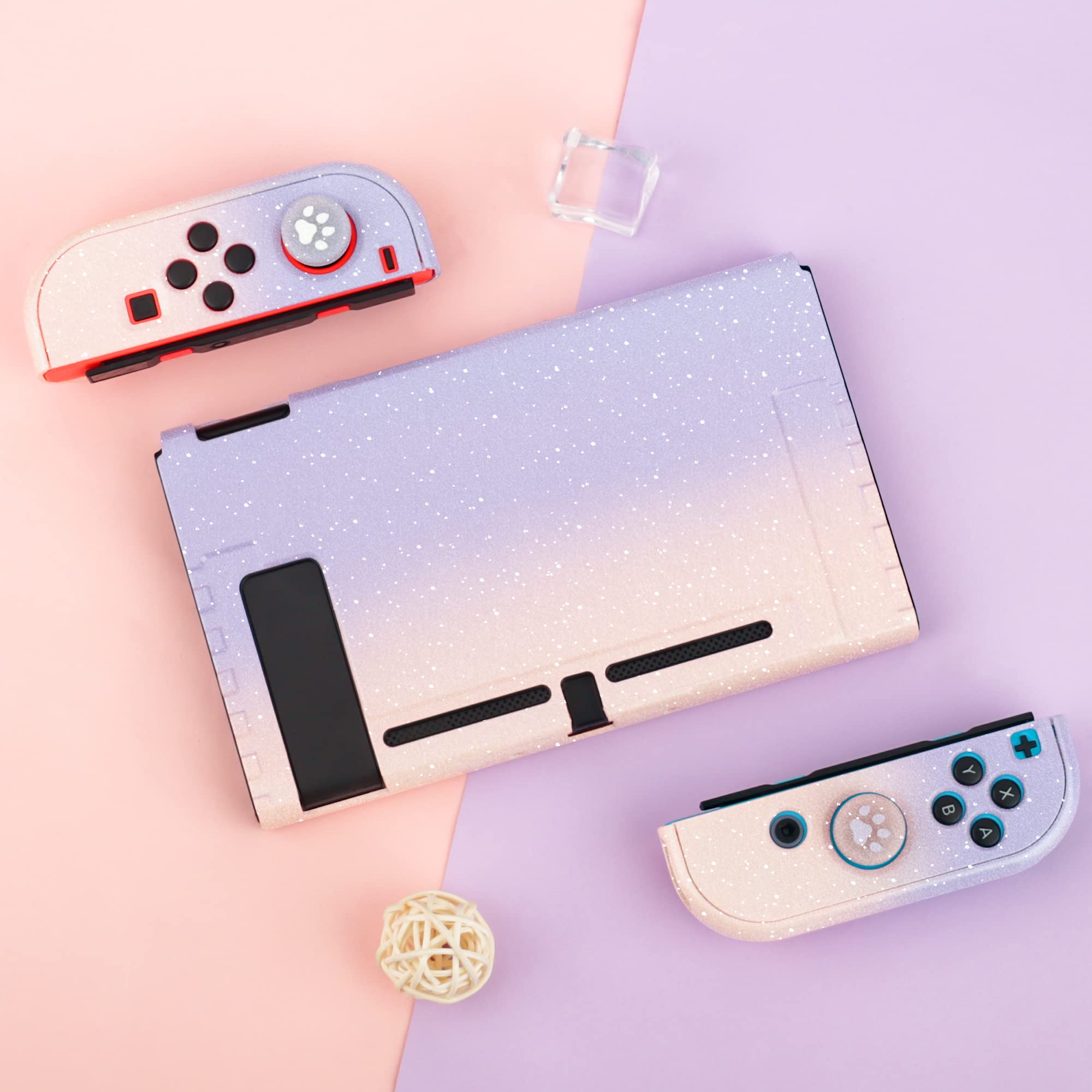 RHOTALL Cute Case for Nintendo Switch, Switch Accessories Kawaii Protective Cover Case for Switch and Joycon Controller with 2 Glitter Cute Cat Claw Thumb Grips (Pink & Purple)