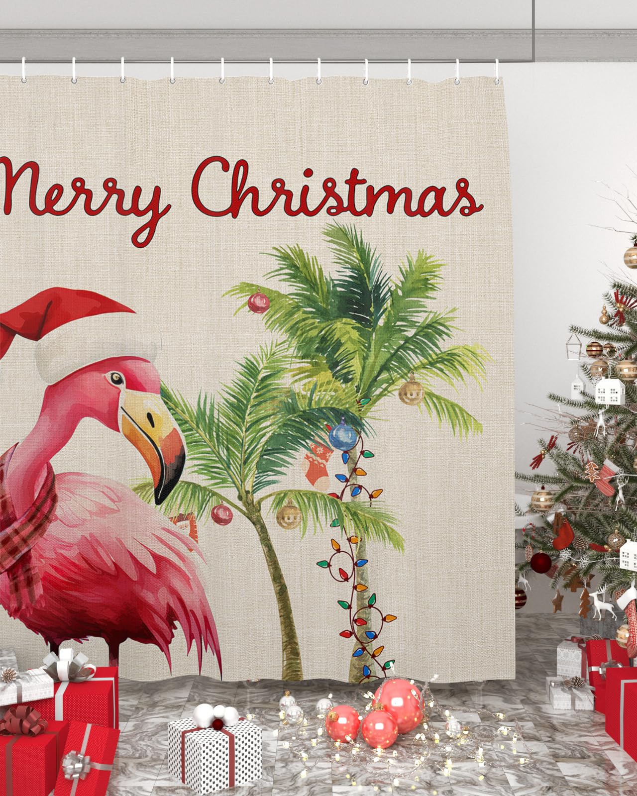 Merry Christmas Shower Curtain for Bathroom 72" x 78" Tropical Flamingo Palm Tree Shower Curtain with Hooks Polyester Waterproof Home Bathtub Decor