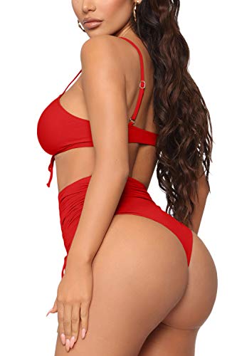 Meyeeka Women Sexy Two Pieces High Waist Tummy Control Swimsuits Padded Push Up Bikini Sets L Red