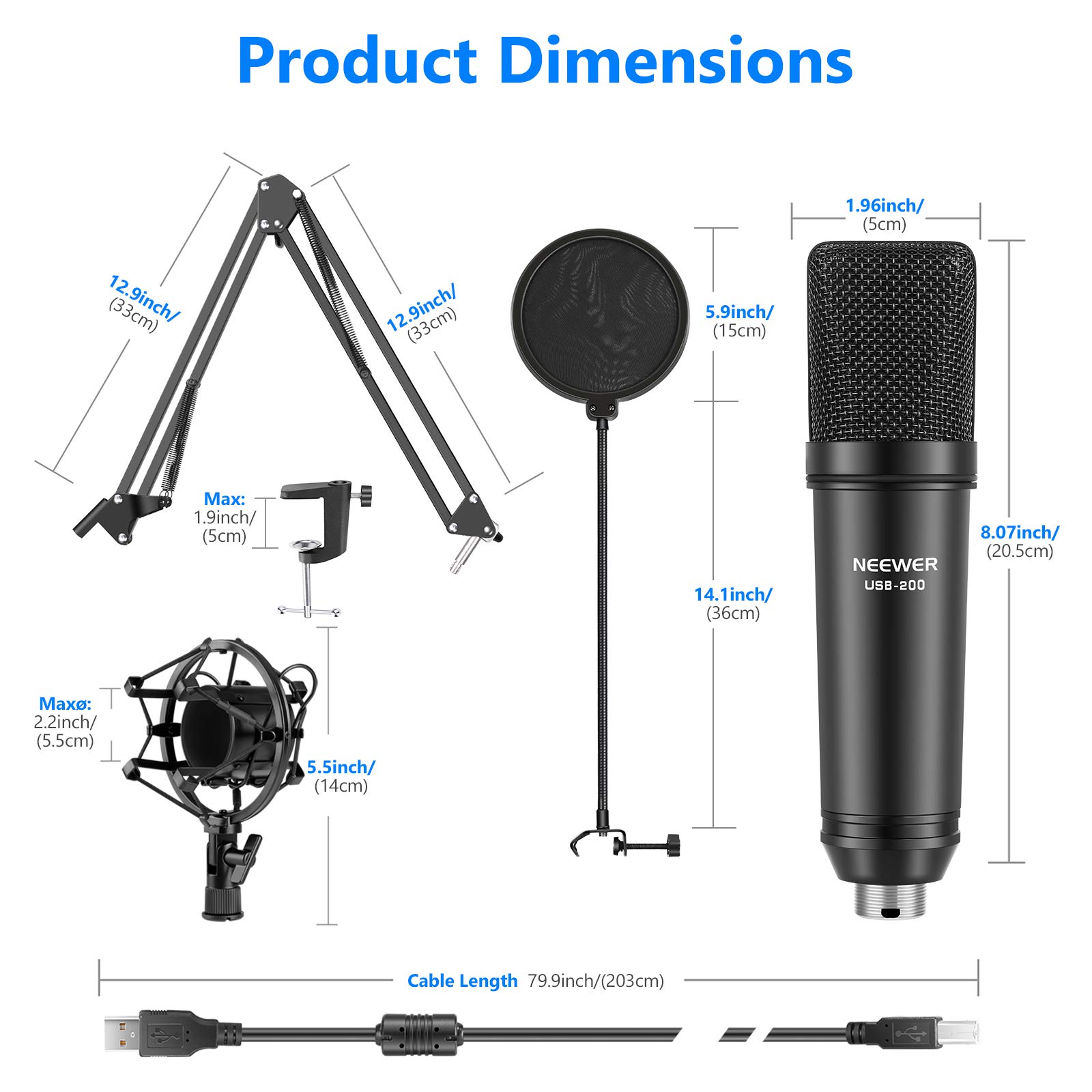 Neewer USB200 Microphone Kit 192KHz/24Bit Plug&Play Cardioid Condenser Mic with Professional Sound Chipset, Arm Stand, Shock Mount, Pop Filter, Included for Tiktok/YouTube Video/Broadcasting/Gaming
