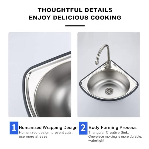 WBRSybUS Wall Mount Bathroom Corner Sink,304 Stainless Steel Triangle Kitchen Washbasin Single Sink,with Drainer Unit and Tap, Sink Edge Protector Basin,34x34cm-depth15cm,Cold Alone, Coldalone