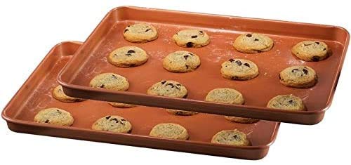 Set of 2 Nonstick Copper Cookie Sheet and Copper Coating Baking Pan for Cookies 11" x 16"