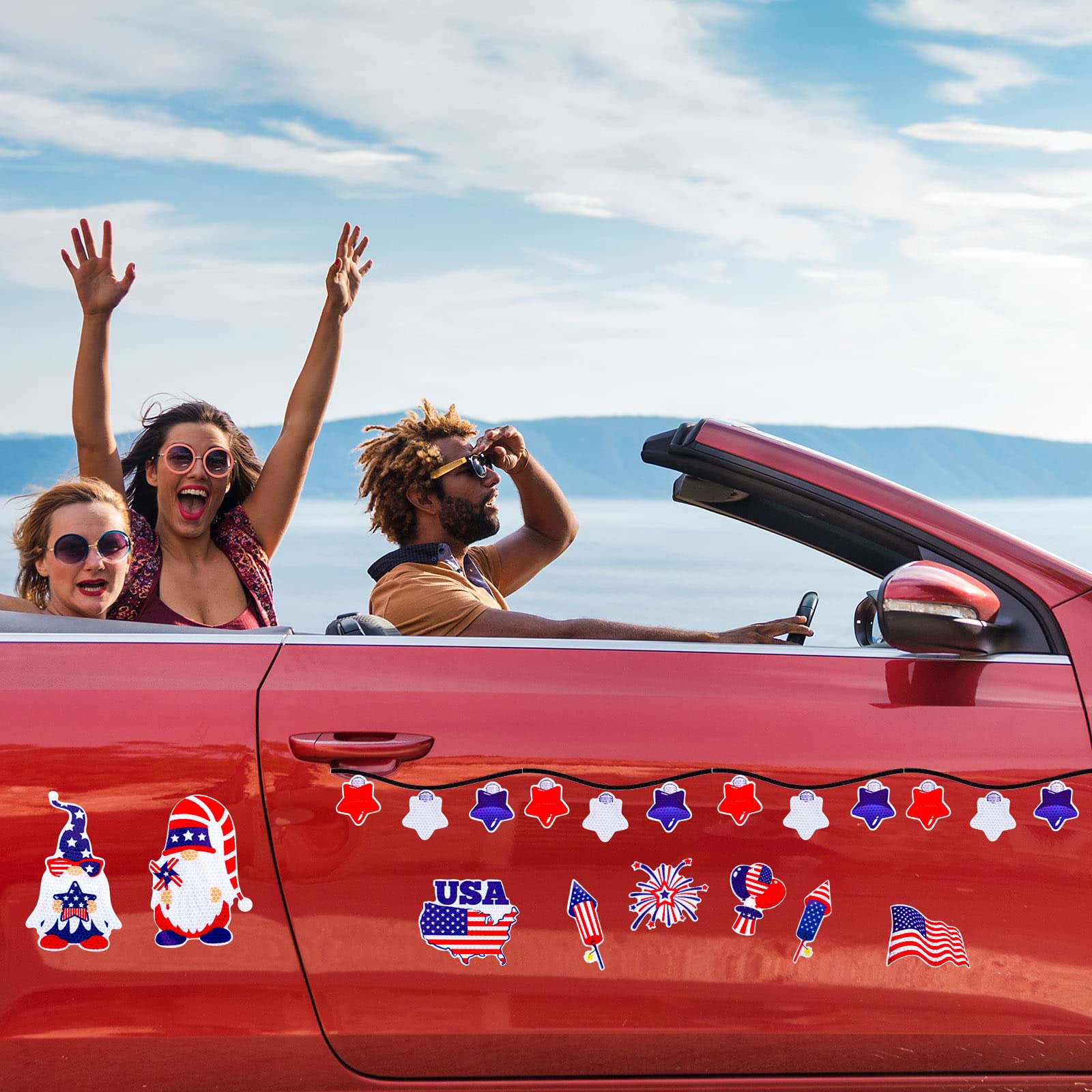 Whaline 24Pcs 4th of July Reflective Car Magnets Patriotic Refrigerator Magnets Independence Day Gnome Fridge Decor USA Flag Star Bulb Light Magnet with Lines for Kitchen,Metal Door,Cabinets,Mailbox