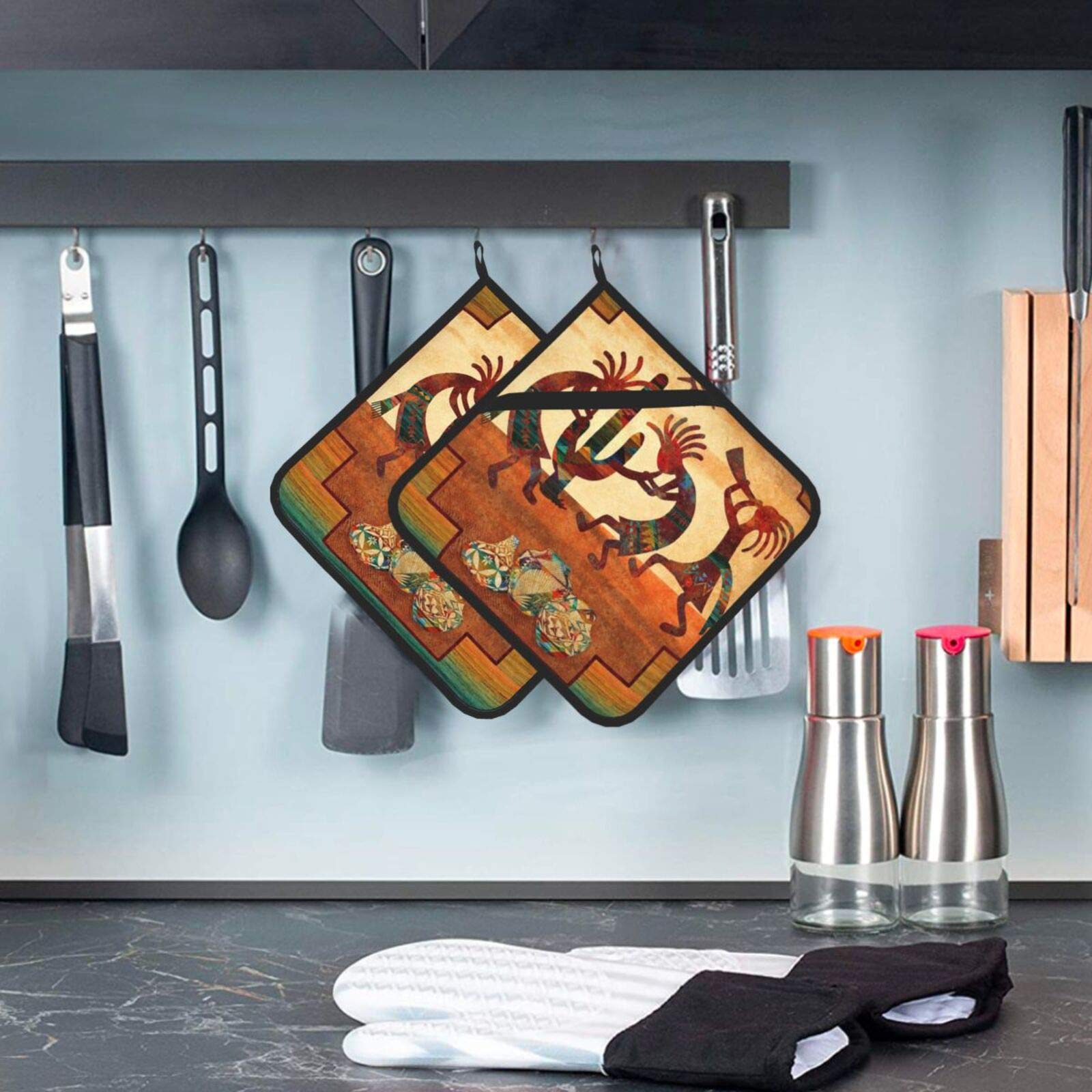 Pot Holders Southwest Native American Kokopelli Square Heat Resistant Kitchen Potholder Set of 2 for Cooking Baking BBQ Oven Hot Pads Oven Mitts 8 X8 Inch