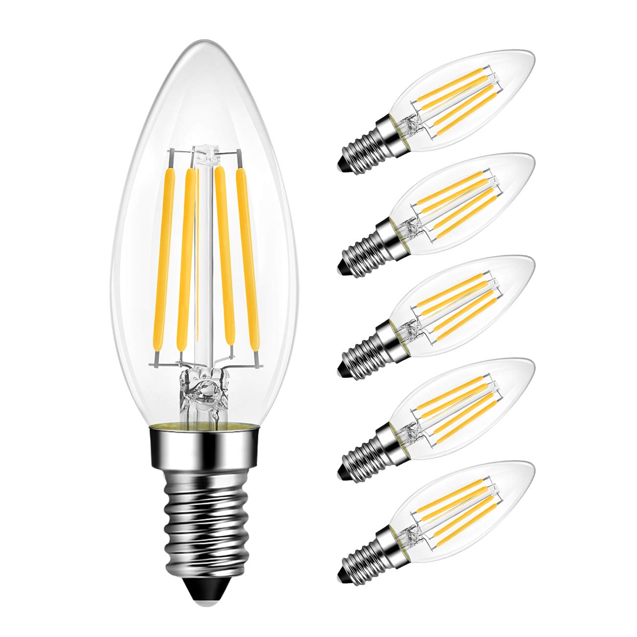 LVWIT B11 Filament Bulb E26 Base Non-Dimmable 6W(60W Equivalent) 2700K Warm White Chandelier Decorative Candle Light Bulb 6 Pack