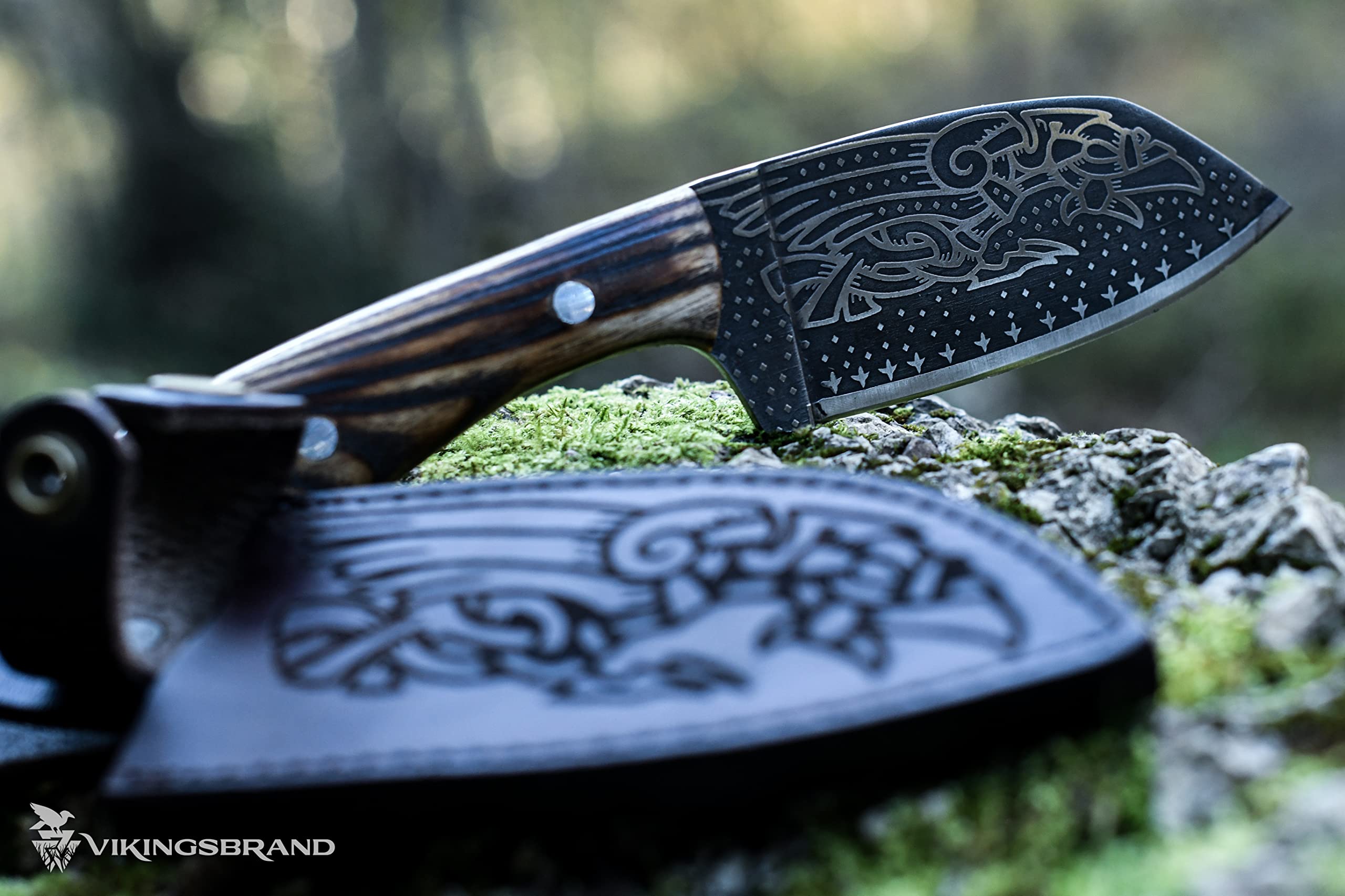 VikingsBrand Norse Viking-styled Knife - Huginn & Muninn Hand Forged Knife with Raven Engraving, Ergonomic Ash Wood Handle & Genuine Leather Sheath Holder - 4.7" Long Blade, 4.3" Handle