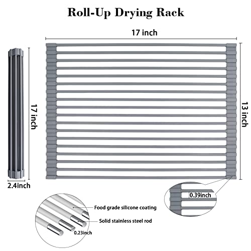 Neholef Roll-Up Dish Drying Rack, Over The Sink Multipurpose Dish Drainer Rack, Heat-Resistant Anti-Slip Silicone Coated Dish Rack for Kitchen Sink Countertop
