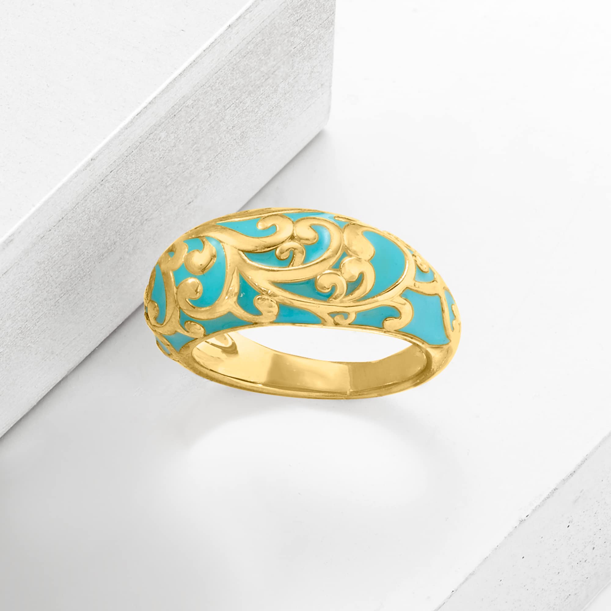 Ross-Simons Turquoise Enamel Scrollwork Dome Ring in 18kt Gold Over Sterling. Size 8