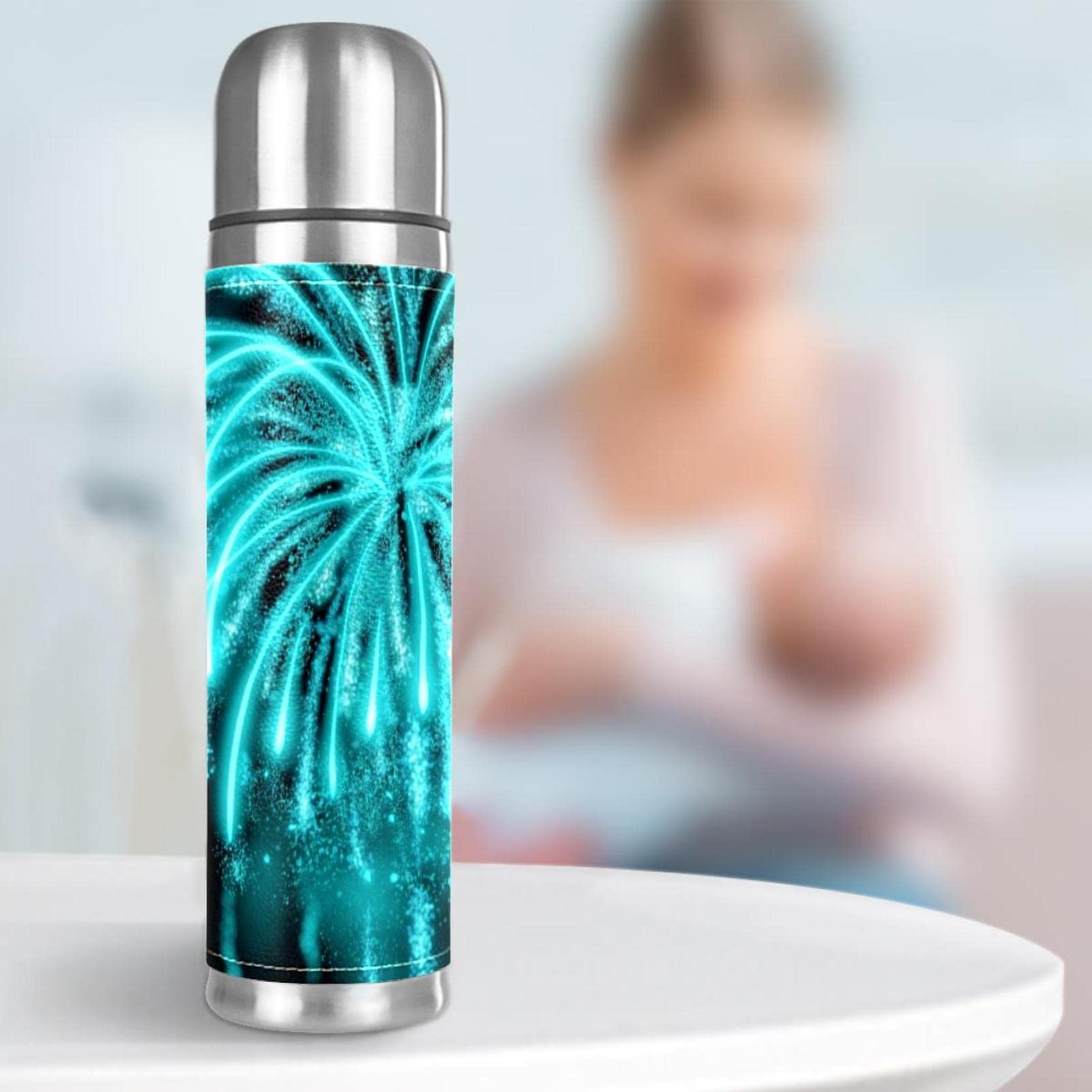 Stainless Steel Leather Vacuum Insulated Mug Fireworks Thermos Water Bottle for Hot and Cold Drinks Kids Adults 16 Oz
