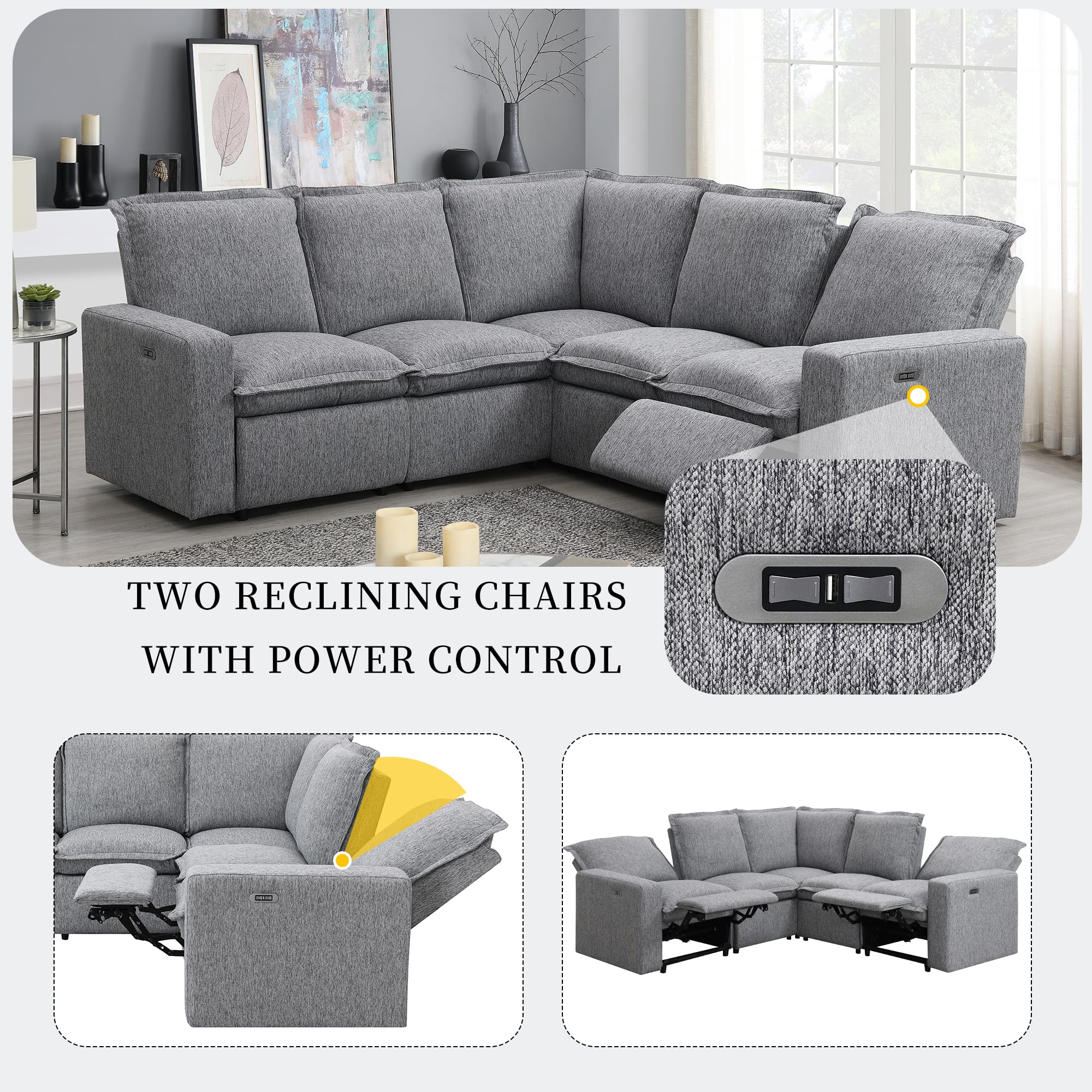 LyuHome 89.76" Power Recliner Sofa,Modern Sectional Sofa with USB Port for Living Room, Convertible L-Shaped Couch Bedroom, Theater room, Grey