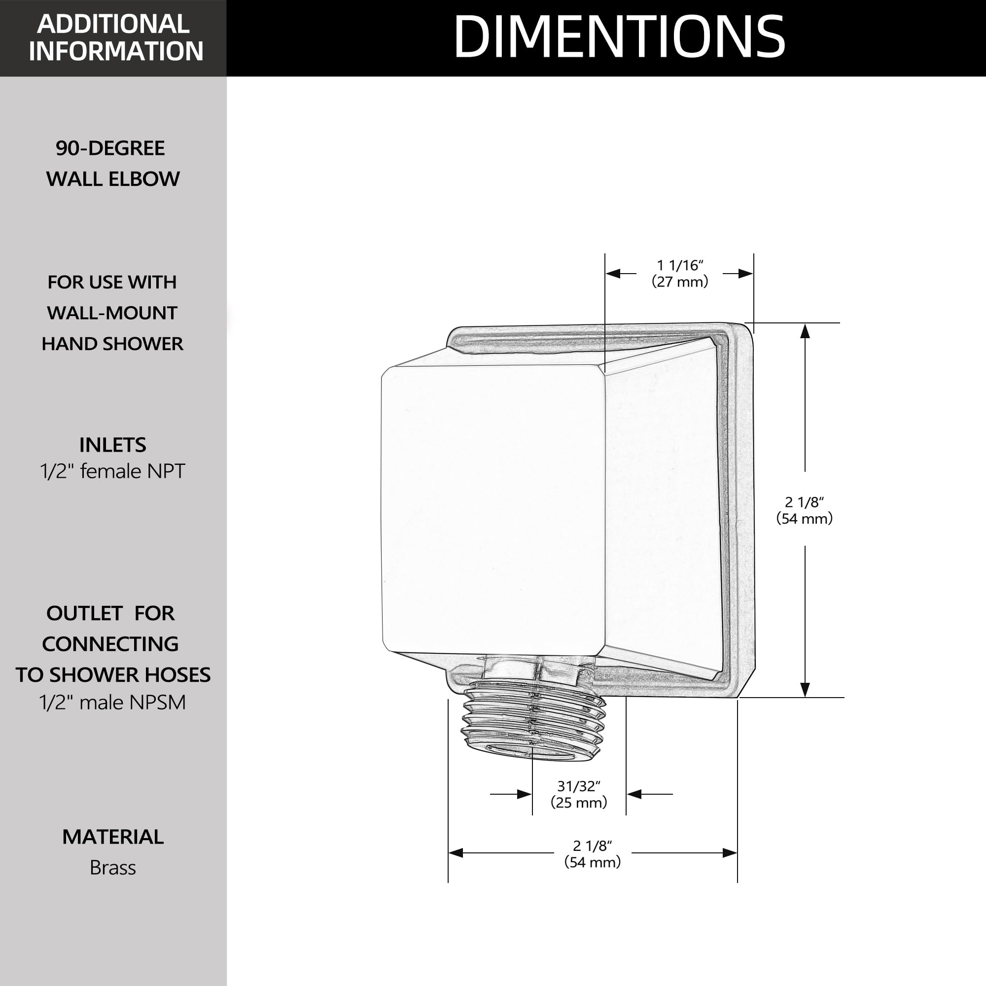 Square Wall Elbow for Hand Held Shower, Chrome