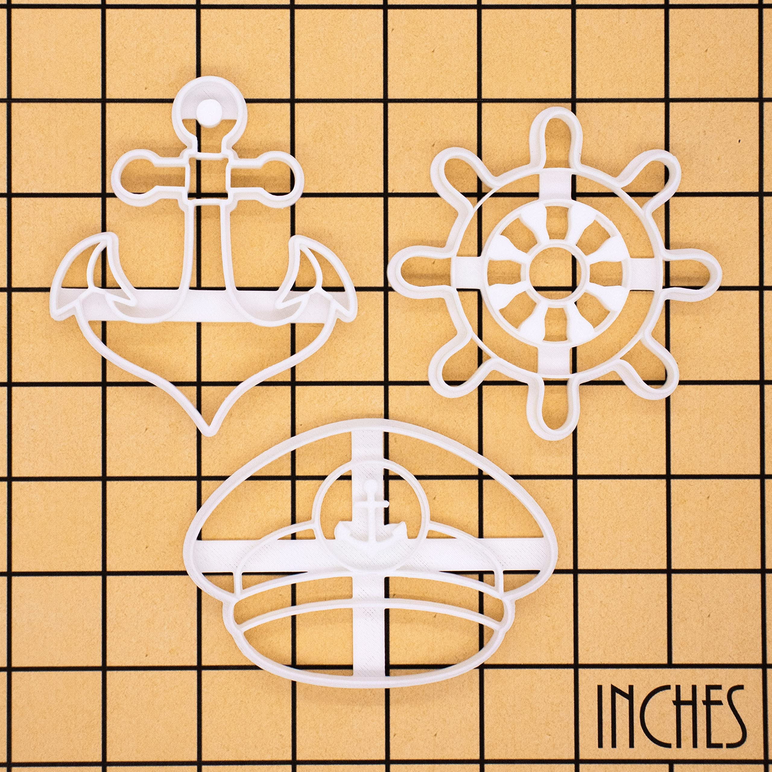 Set of 3 Nautical cookie cutters (Designs: Anchor, Captain's Hat and Ship's Wheel), 3 pieces - Bakerlogy