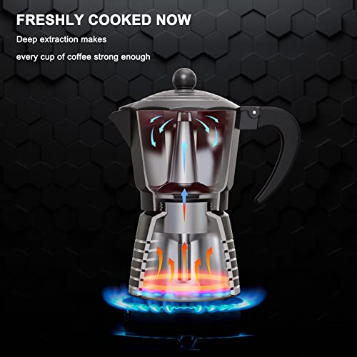 RAINBEAN Moka Pot 6 Cup Set Espresso Maker, Steam Italian Stovetop Coffee Makers Percolator, Aluminum Ripple Ring Design, Easy To Use & Clean, 2 Ceramic Cups | Stainless Spoon | Black