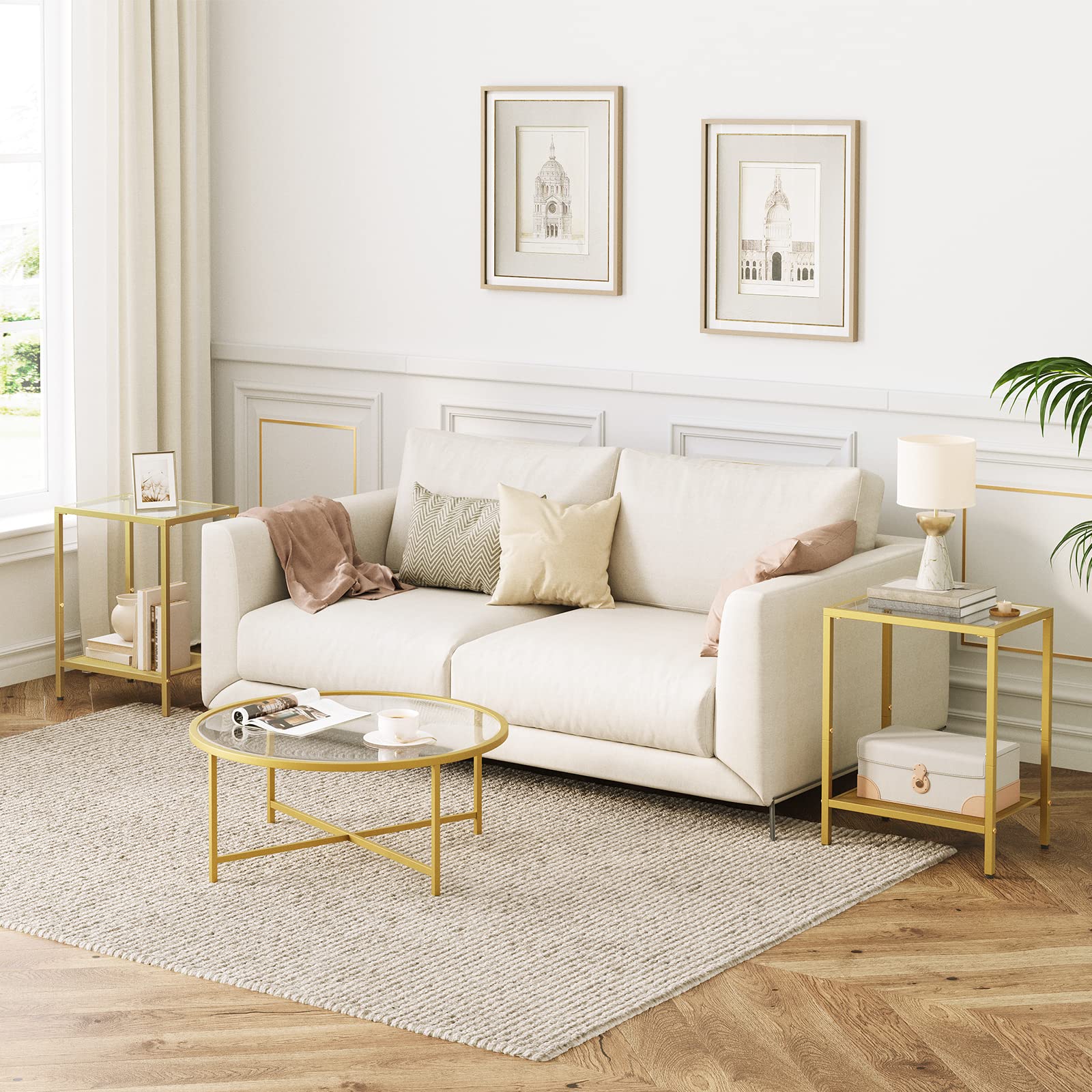 MAHANCRIS End Tables Set of 2, Side Table with Tempered Glass Top, Narrow Beside Table for Small Space, 2-Tier Nightstand with Storage Shelf, for Sofa Couch and Bed, Easy Assembly, Gold ETJ24B01S2Z1
