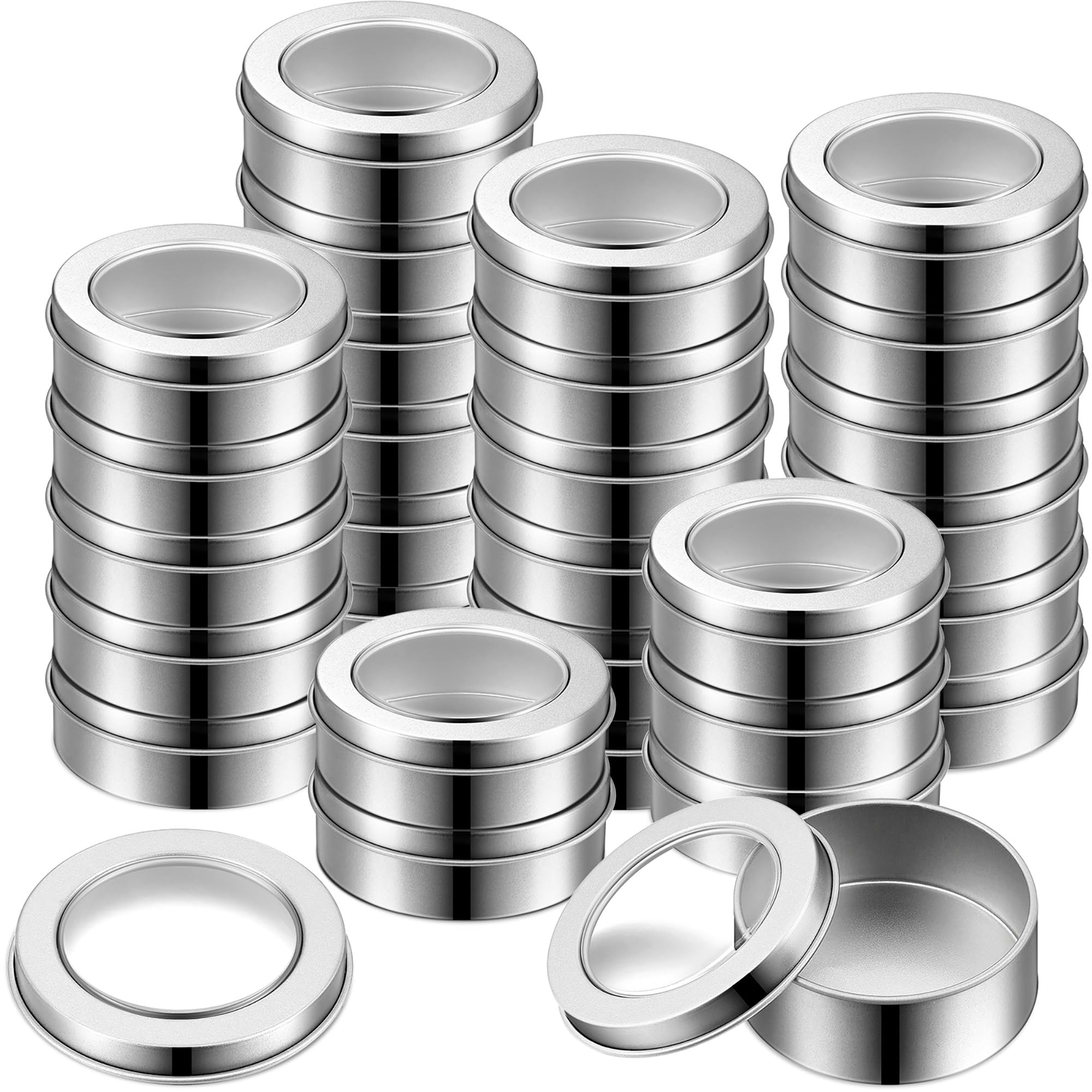 TecUnite 2 Ounce Metal Tin Cans Round Empty Container Salve Tins with Clear Lid for Kitchen, Office, Candles, Candies(40 Pack)
