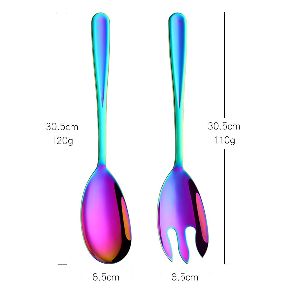 Salad Spoon and Fork Set,Stainless Steel Salad Serving Set,Durable&Elegant,for Salad, Gravies or Pasta, Gold/Brass Finish (2pcs, rainbow)