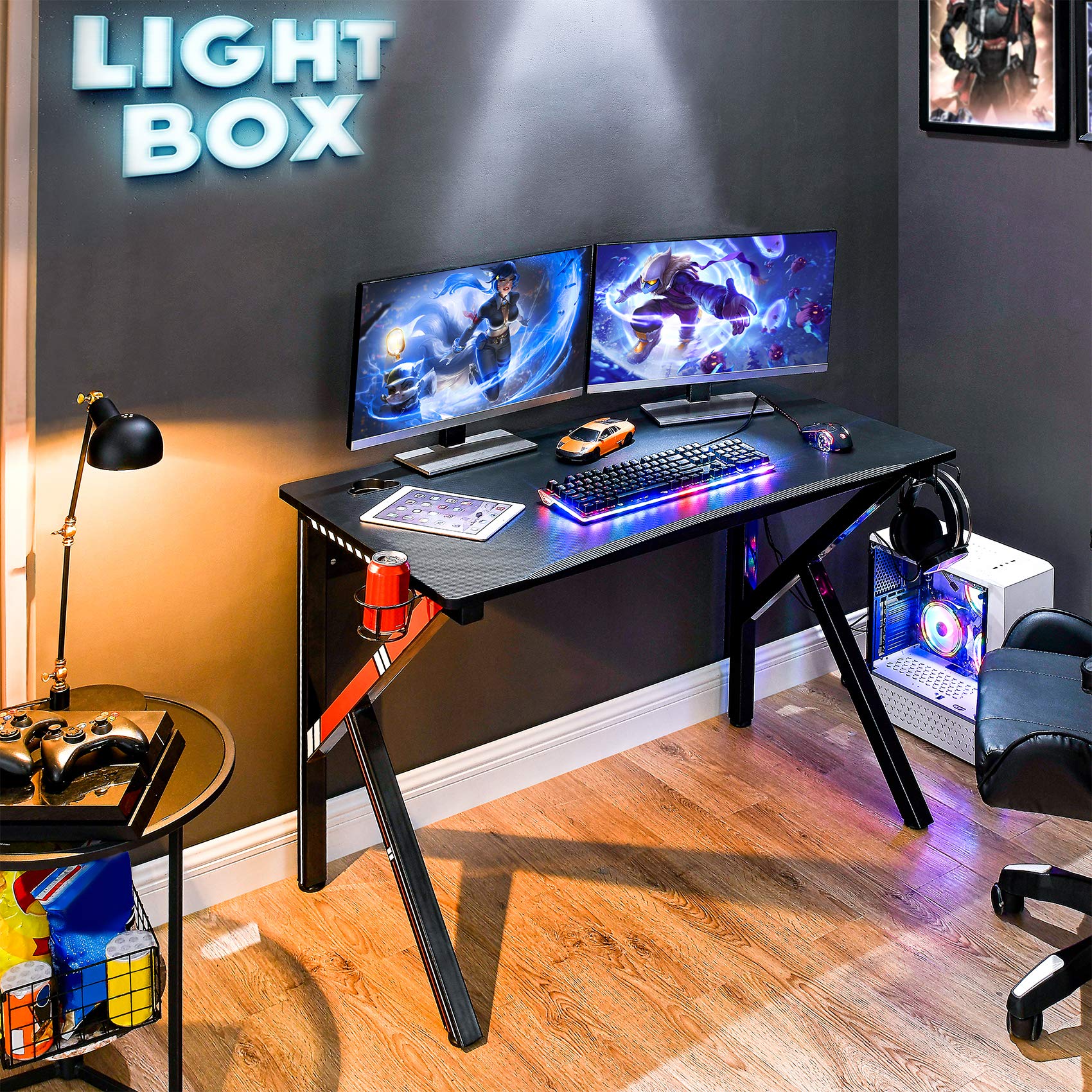 Mr IRONSTONE Gaming Desk 45.2" W x 23.6" D Home Office Computer Desk, Gamer Workstation with Socket of 3-Outlet & 2 USB Ports, Cup Holder, Headphone Hook and Cable Management (Red)
