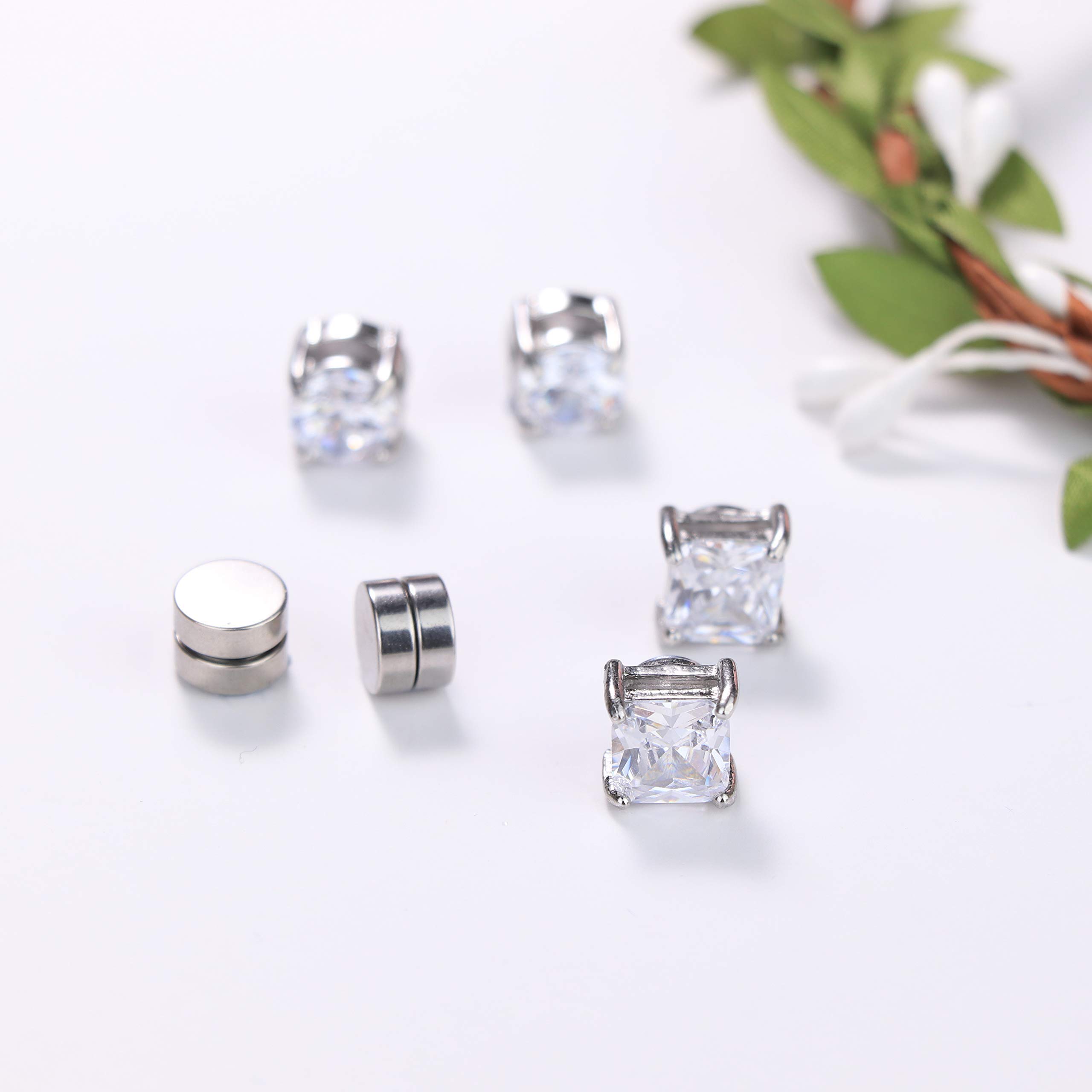 LOYALLOOK 4 Pairs Assorted Princess-cut CZ Magnetic Stud Earrings Non-Piercing Fake Plug 8MM Square
