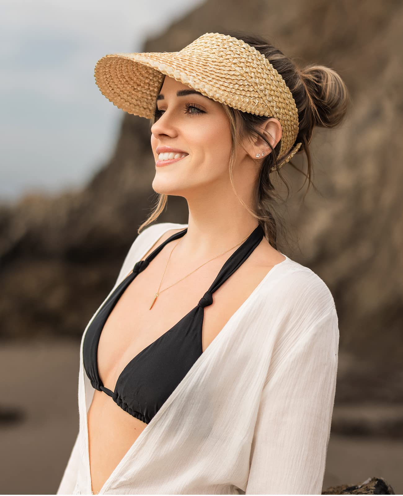 Visors for Women, Straw Sun Visors for Women Beach Hats for Women Packable Sun Hat Womens Visor Handmade Straw Hats for Women Beige