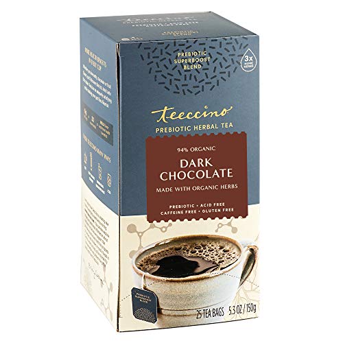 Teeccino Dark Chocolate Prebiotic Superboost⢠Herbal Tea - Support Your Probiotics with Vegan GOS & Organic XOS for Good Gut Health and Regularity, 25 Tea Bags (Pack of 1)