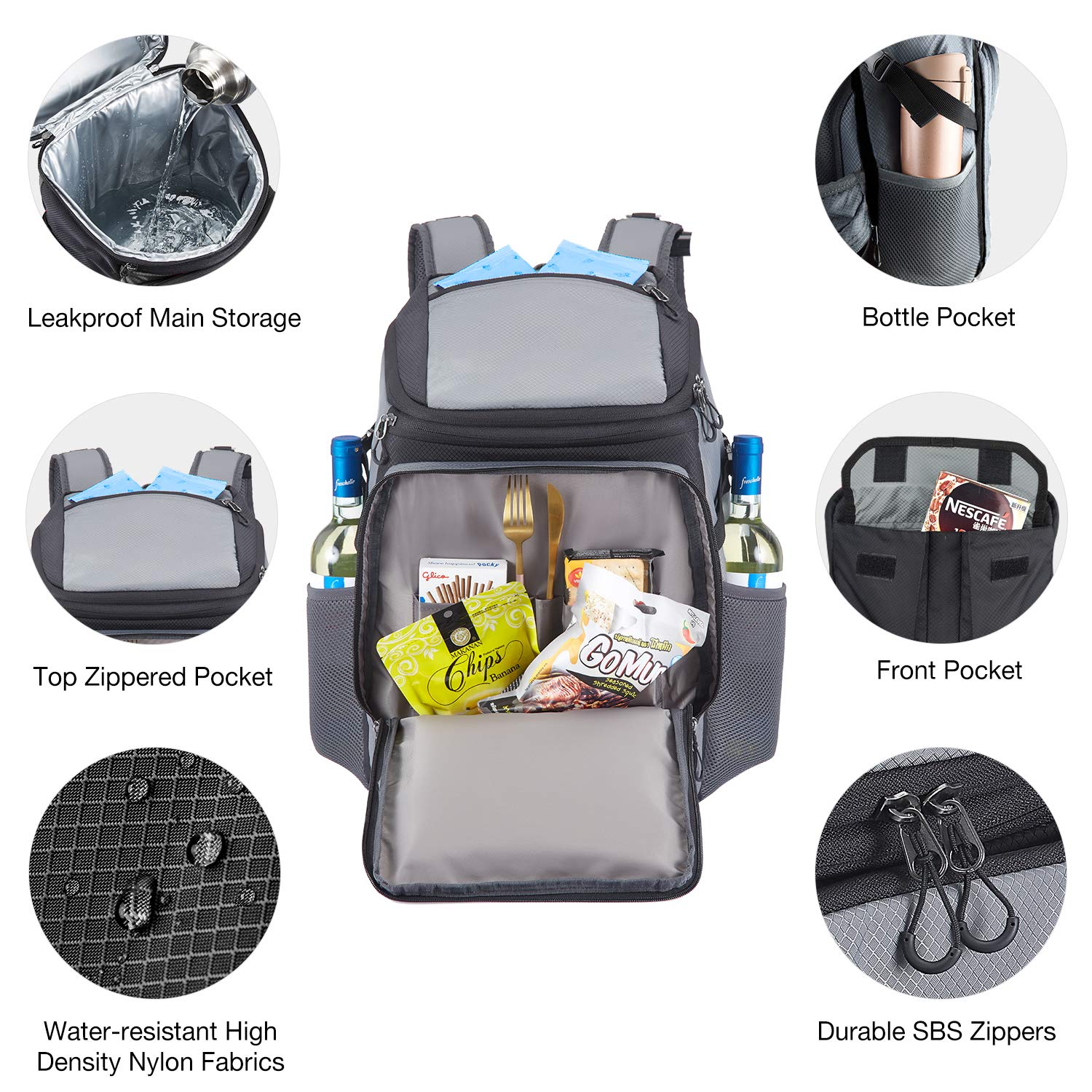 Piscifun Cooler Backpack - Large Insulated Leakproof Cooler Bag for Men and Women, Keeps Food and Drinks Cool and Fresher Grey