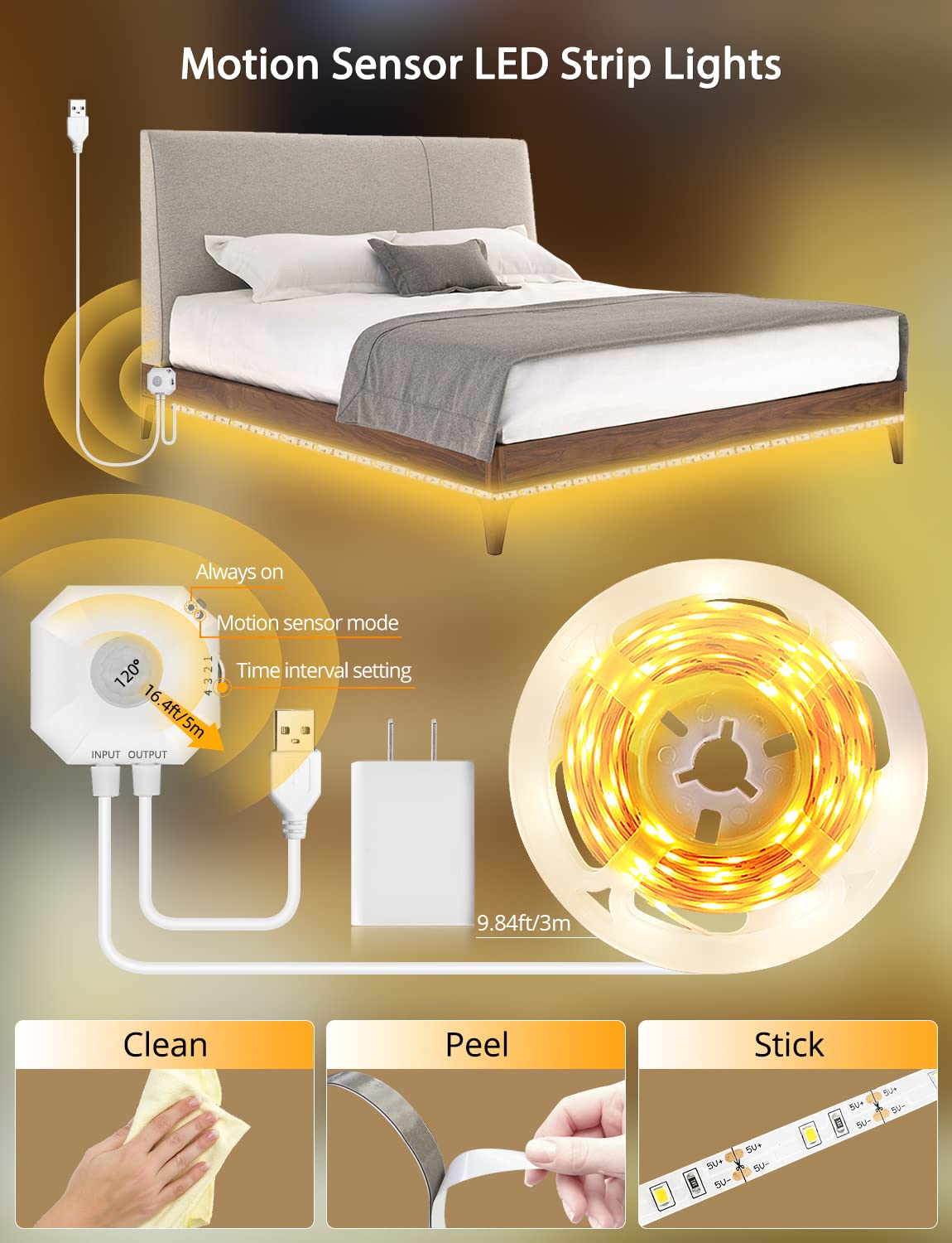 MATICOD Motion Sensor Light Indoor Under Bed Lights Under Cabinet Lights, Motion Activated Led Light Strip for Bedroom,Warm White LED Closet Lights Motion Sensored Under Cabinet Lighting NO APP