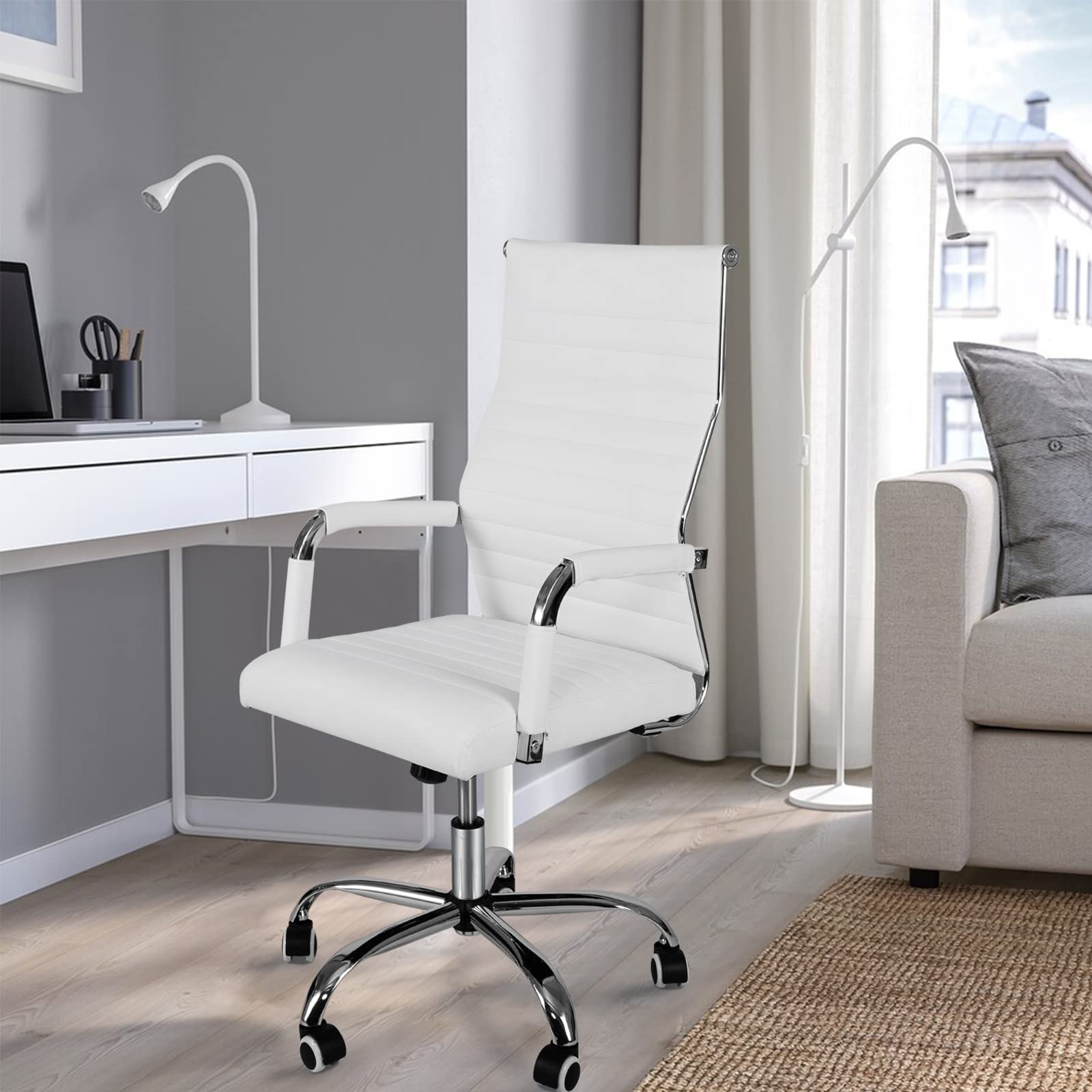 ONG Ergonomic Office Chair - Rolling Desk Chair High-Back White 360° Swivel Conference Executive Office Chair Adjustable Height and Armrest with Lumbar Support Task Computer Chair PU Leather