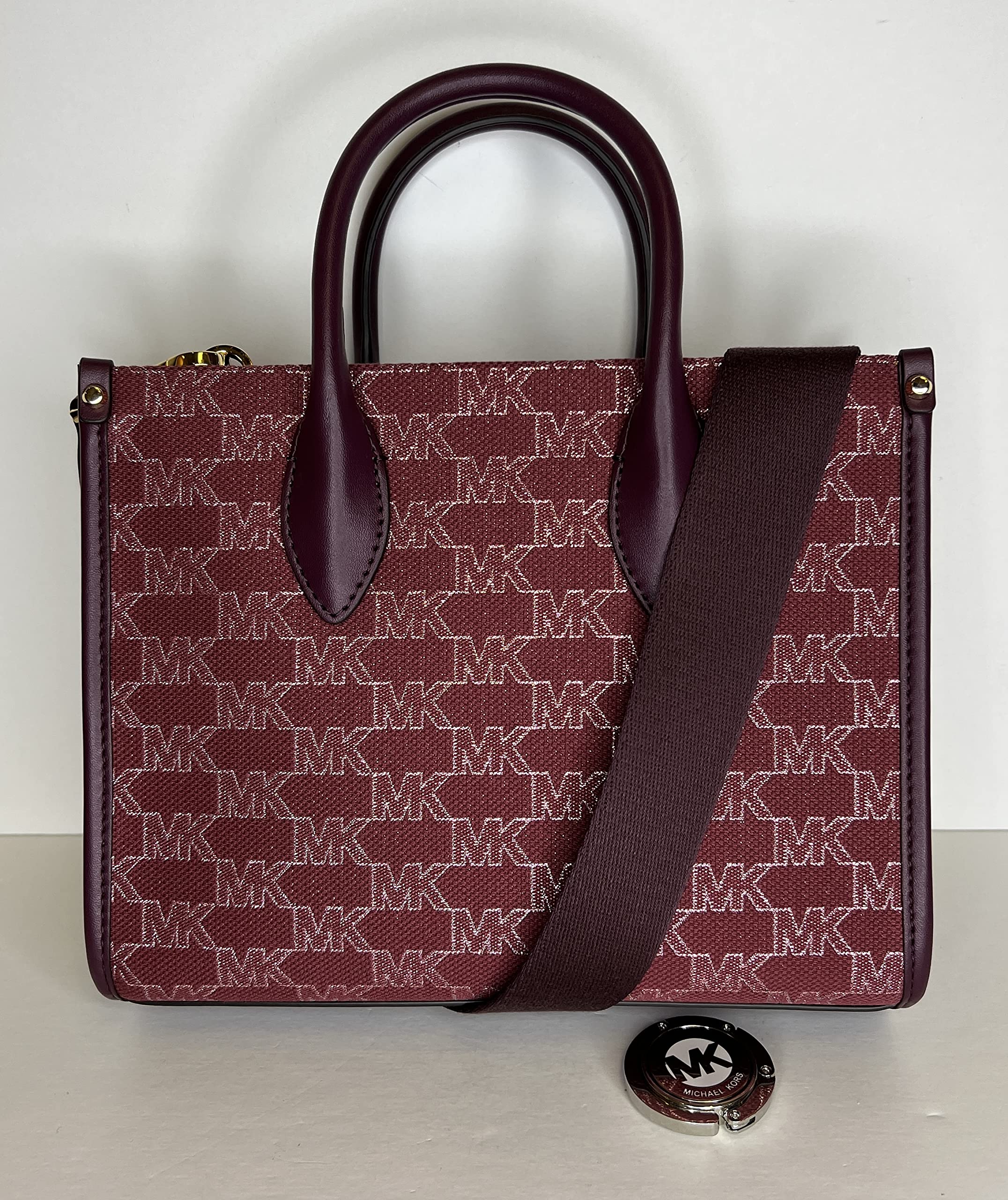 Michael Kors Mirella Small Shopper Top Zip Bag Bundled SM TZ Coinpouch Purse Hook (Mulberry Logo/Bordeaux)