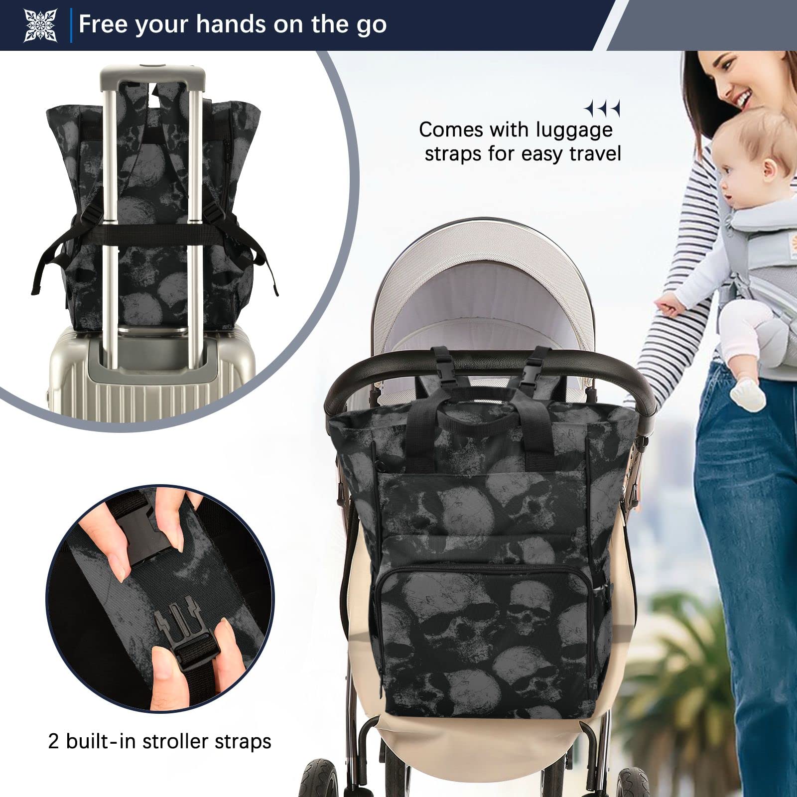 ZENWAWA Diaper Backpack Grey Skulls Pattern Multifunctional Nappy Bag Tote Large Capacity with Stroller Straps Insulated Feeding Bottle inserts