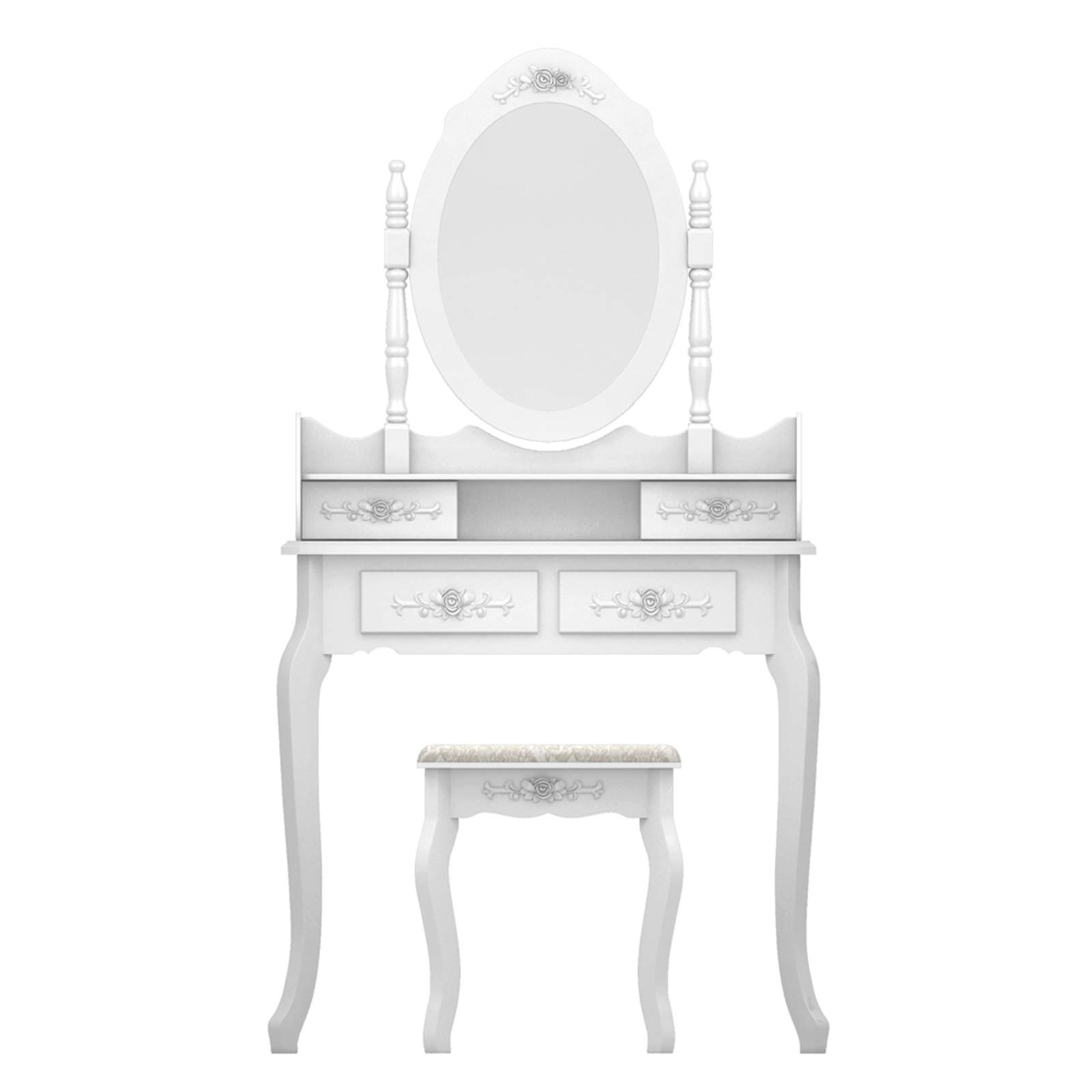 Makeup Vanity with Mirror, Vanity with 4 Drawers with Cushioned Stool for Women Girls, 360-Degree Rotation Removable Mirror Dresser Vanity Table Set with Storage Drawer & Chair