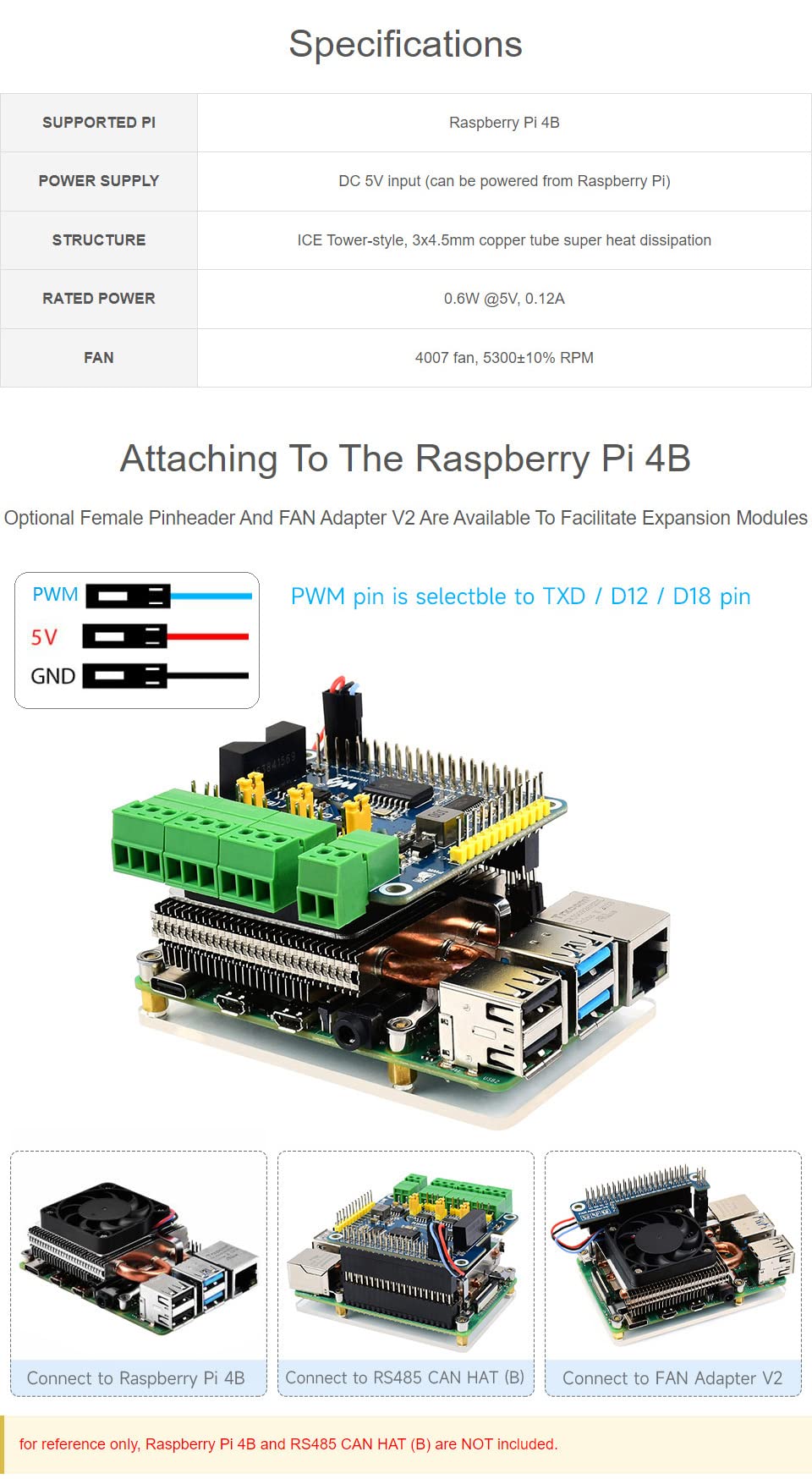 Waveshare Ultra Thin ICE Tower Cooling Fan Compatible with Raspberry Pi 4B 4.5mm Copper Tube Adjustable Speed Strong Heat Dissipation Comes with Fan Adapter and Pinheader