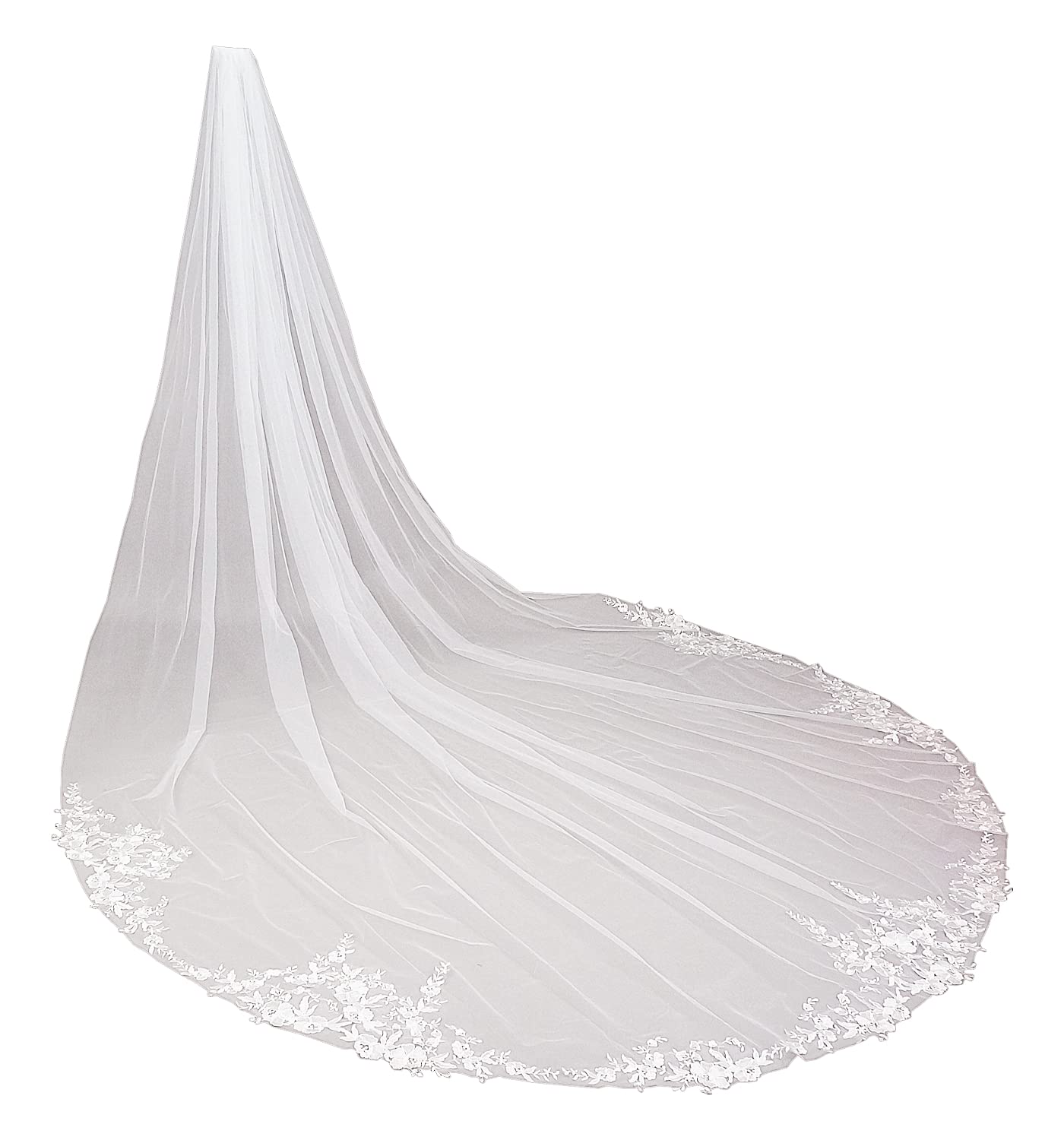 Vintage Floral Wedding Veil, One Layer Cathedral Bridal Veil, Lace Appliqued Soft Tulle Long Veil, Dramatic Bridal Accessory (118inches, Offwhite)