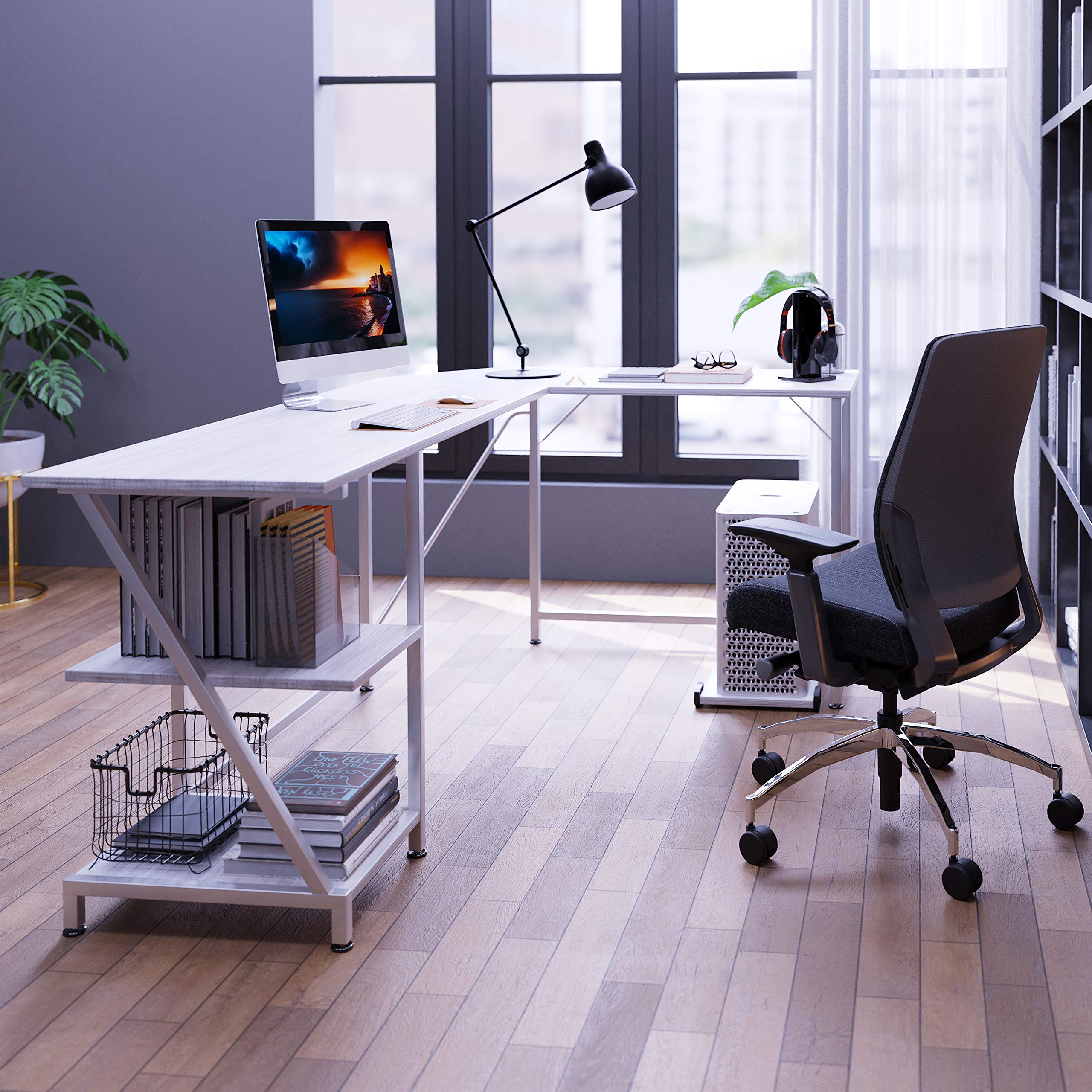 NOXU White L Shaped Desk with Shelves - Large Modern 66''x47''x29.5'' (LxWxH) - Reversible L Shaped Gaming Desk for Home or Office - Safe and Sturdy Computer Desk with Storage - Corner Desk Table