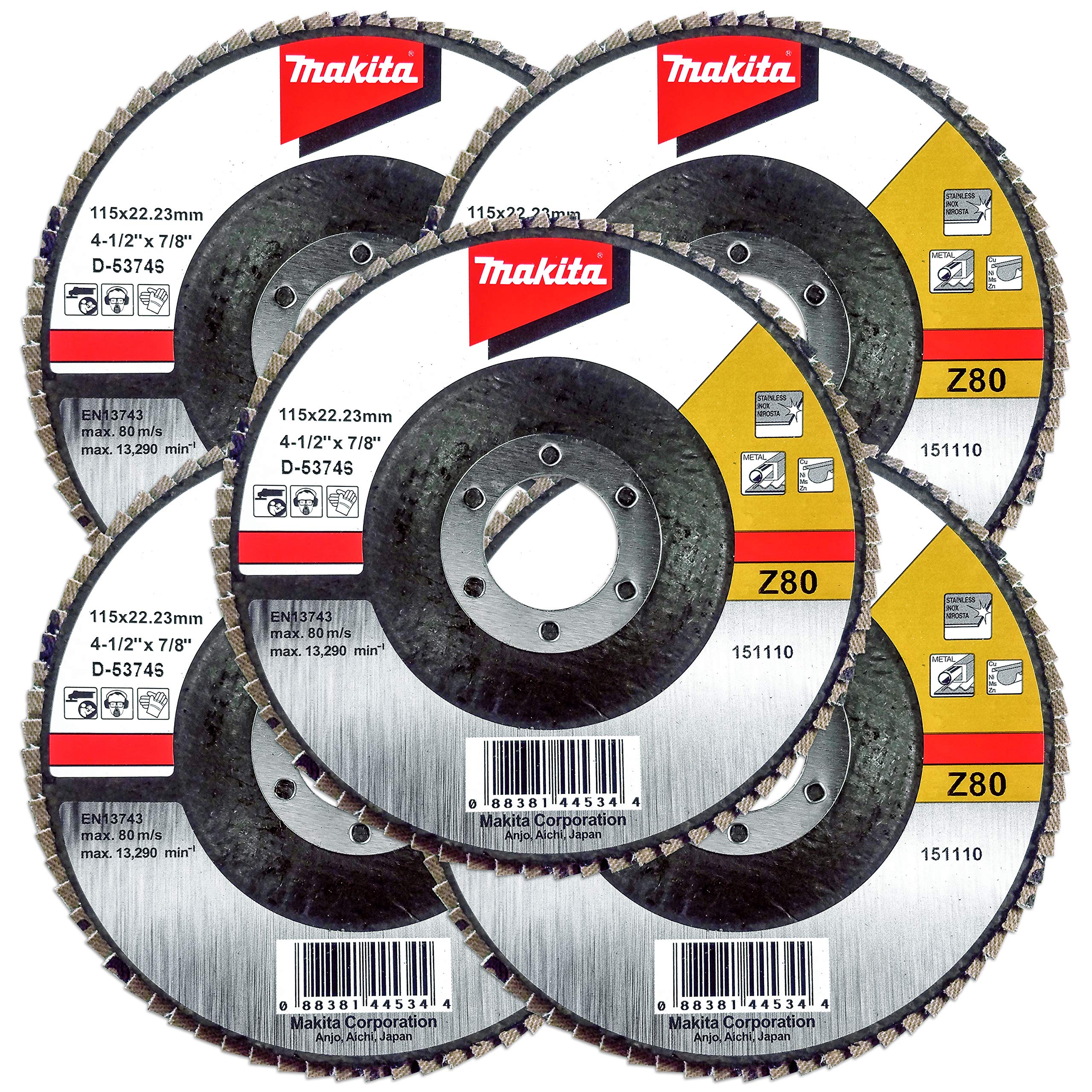 Makita® 5 Pack - 80 Grit Flap Disc For Grinders - Balanced Conditioning For Metal, Stainless Steel & Non-Ferrous - 4-1/2" x 7/8-Inch | Z80 Angled