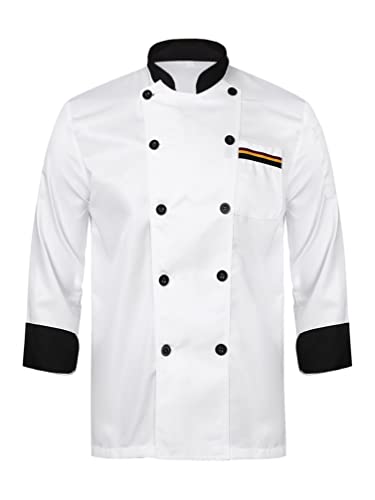 TiaoBug Men's Short Sleeve Chef Coat Jacket Restaurant Chef Uniform Breathable Tops with Pocket White B Large